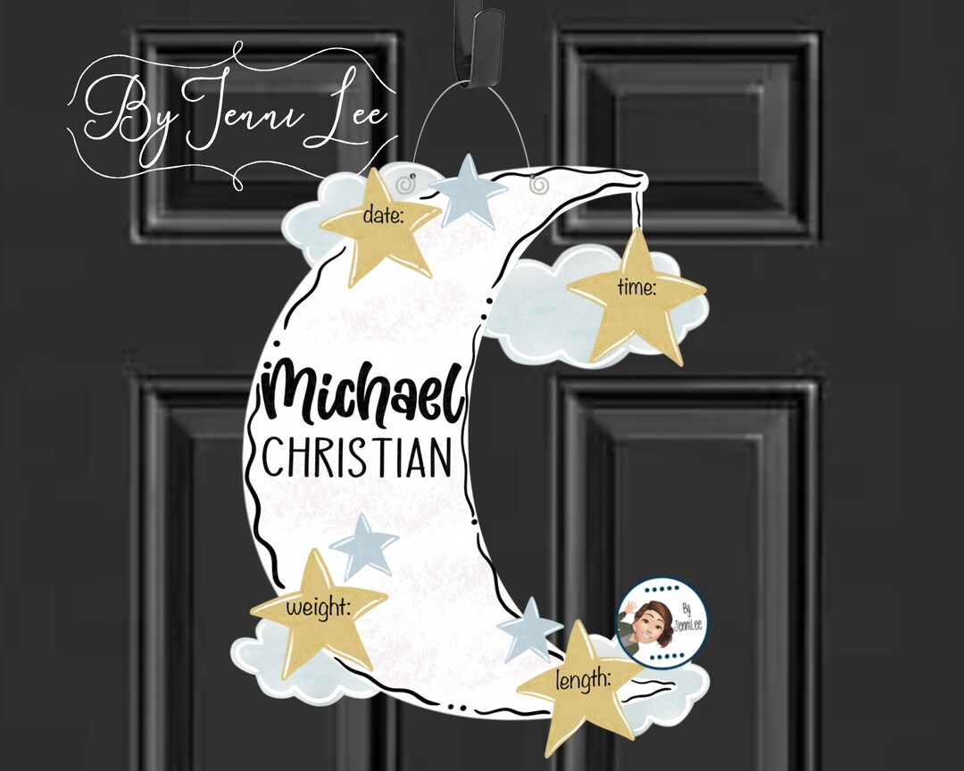 Moon and Stars Hospital Birth Announcement Door Hanger, Nursery Name ...