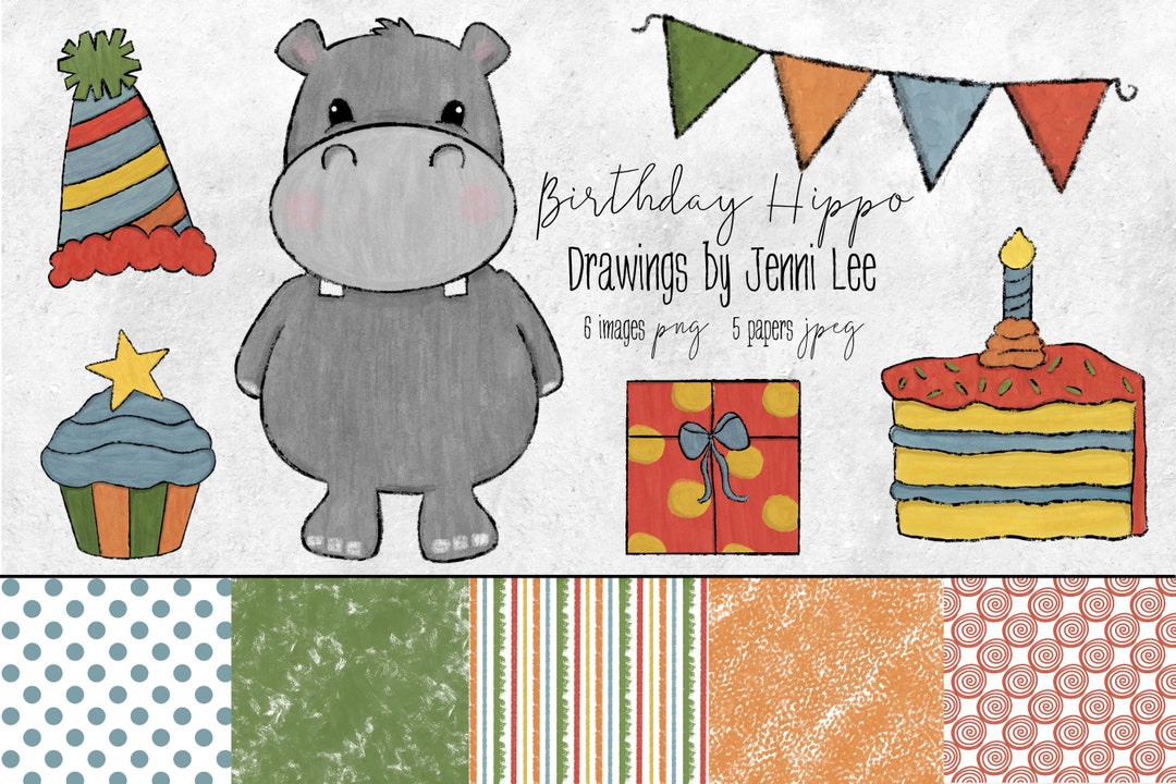 Birthday Hippo Clipart, Hand Drawn Clipart, Commercial Use Clipart - Etsy
