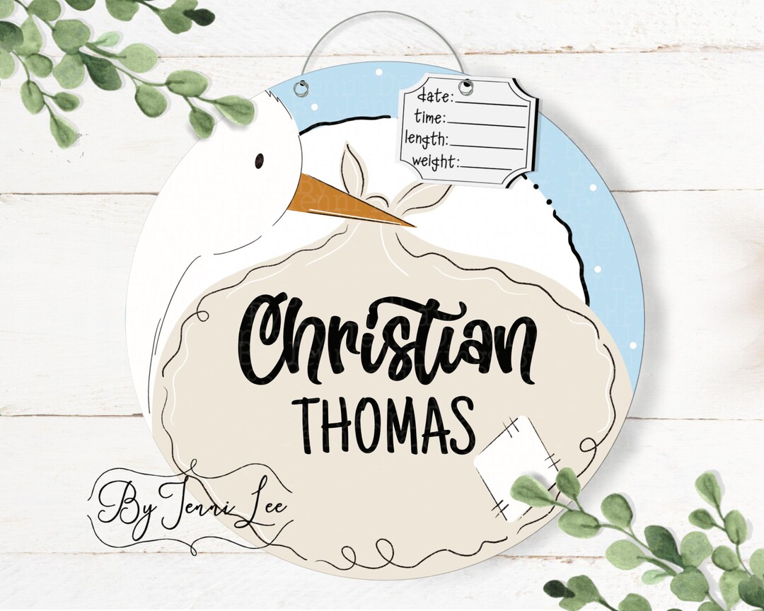 Stork Door Hanger, Baby Boy Stork Nursery Sign, Birth Stats Sign ...