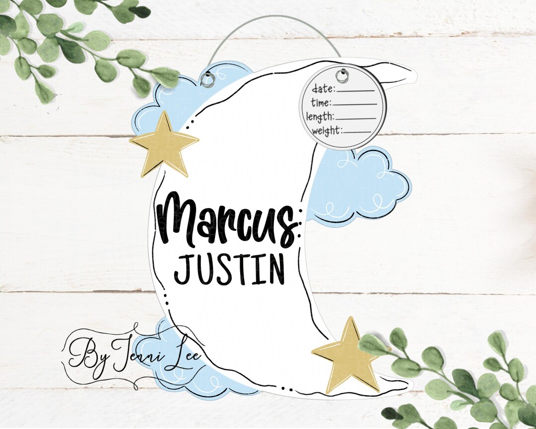 Moon and Stars Hospital Birth Announcement Door Hanger, Nursery Name ...