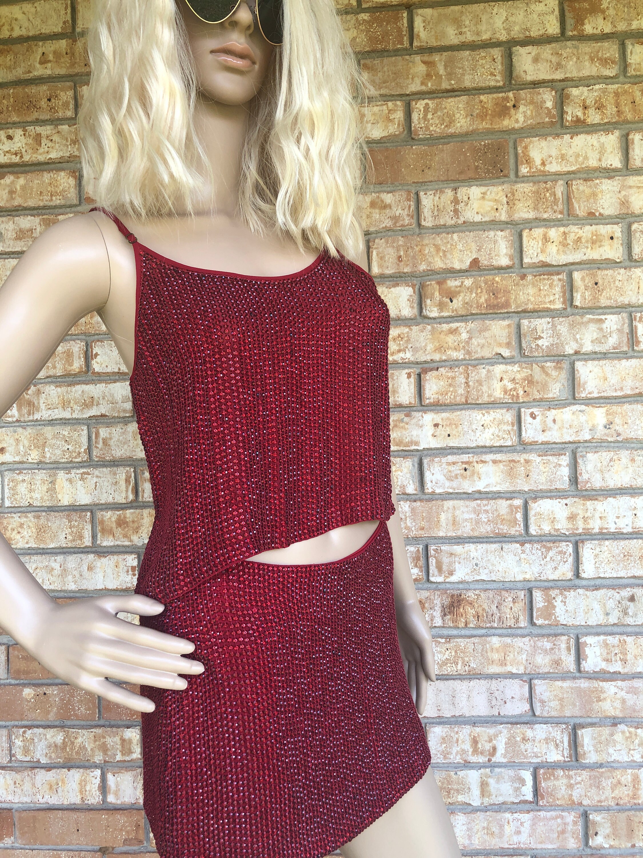 Aries Collection Two Piece Red Sequin Jeweled Crop Top Cami & Mini ...