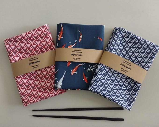 Tea Towel Japan, Koi Kitchen Towel, Waves Tea Towel, Asian Kitchen ...