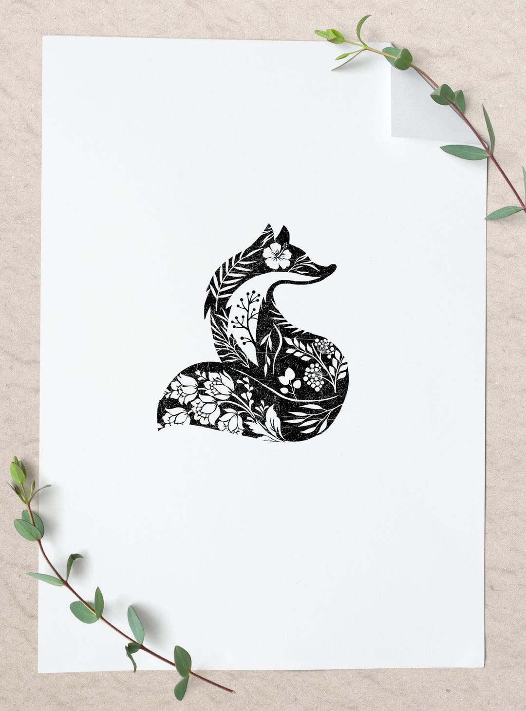 Floral Fox Stamp: Hand Carved Rubber Stamp Printing Block - Etsy
