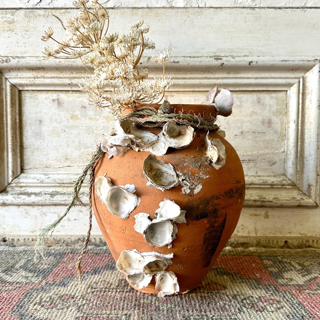 Vintage Oyster Shell Encrusted Terra Cotta Pot: Coastal Decor Octopus ...