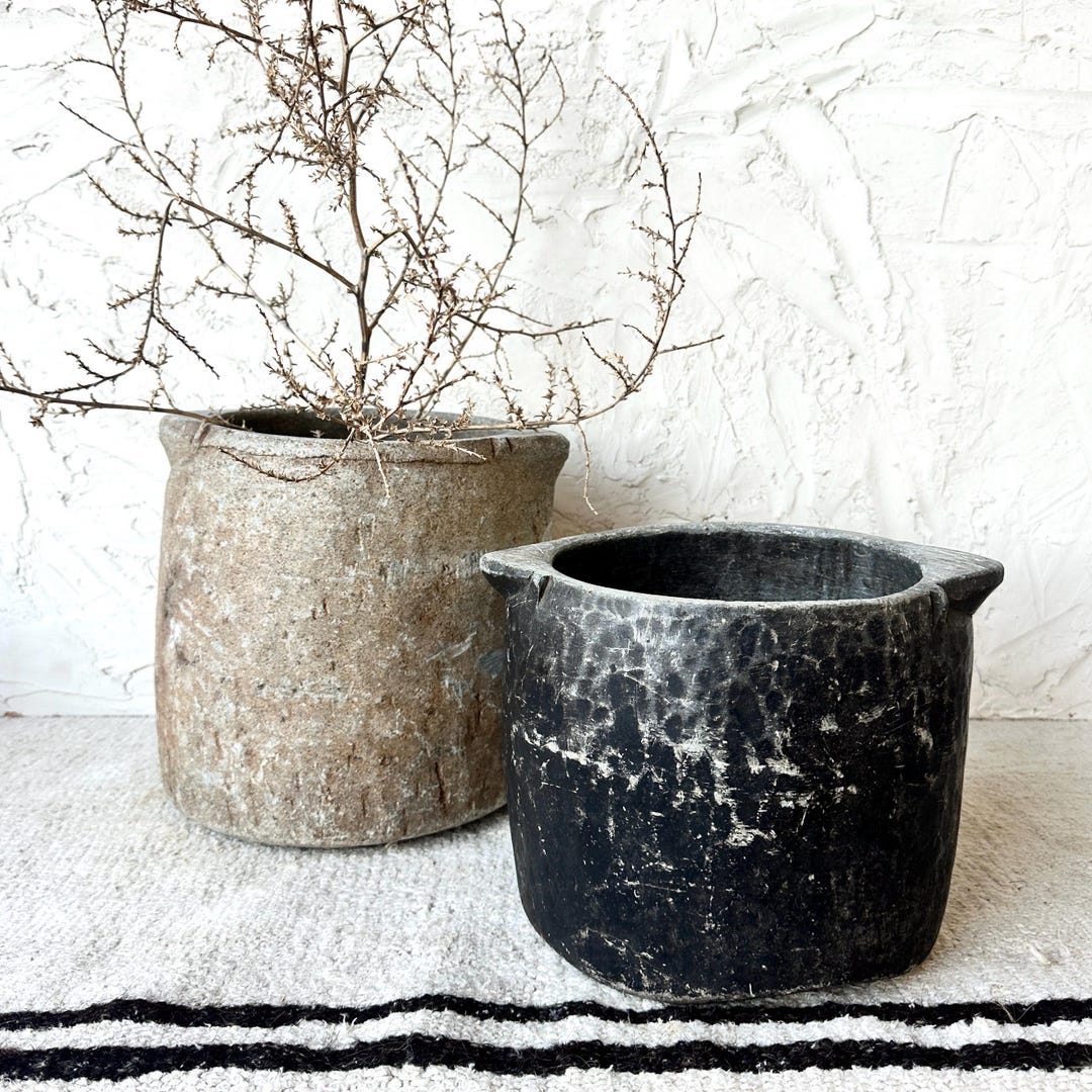 Vintage Hand Carved Stone Mortar Black Neutral Rustic Pot Planter - Etsy