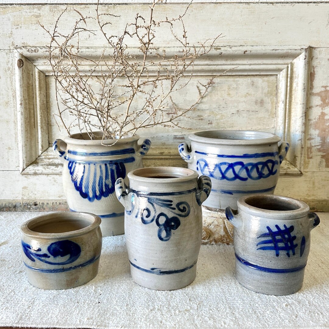Vintage German Stoneware Crock - Farmhouse Décor With Cobalt Blue ...