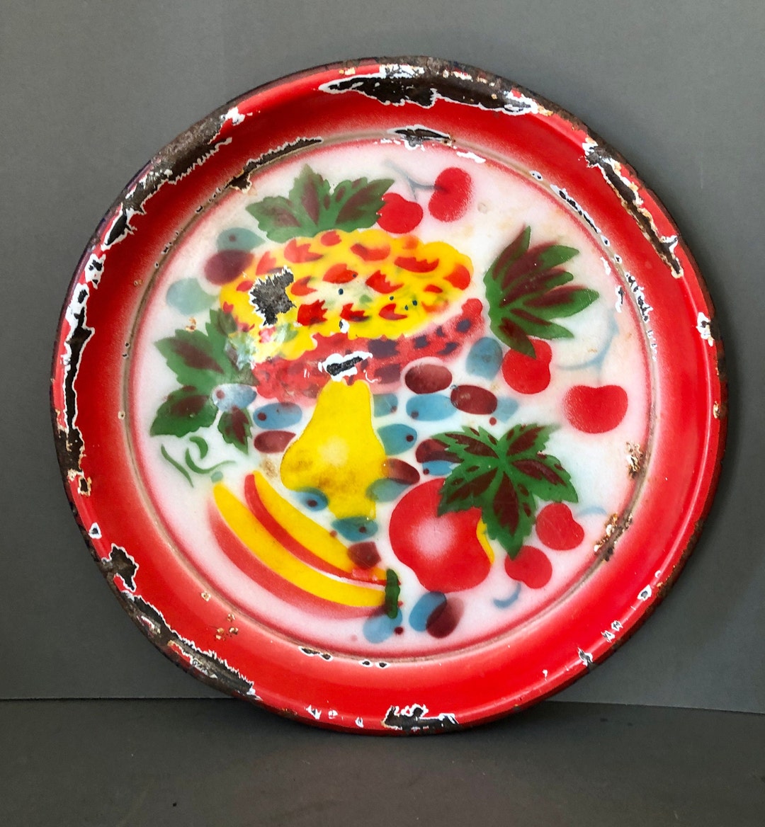 Vintage Enamelware Serving Tray, Art Deco Tarnished Red Fruits Pattern ...