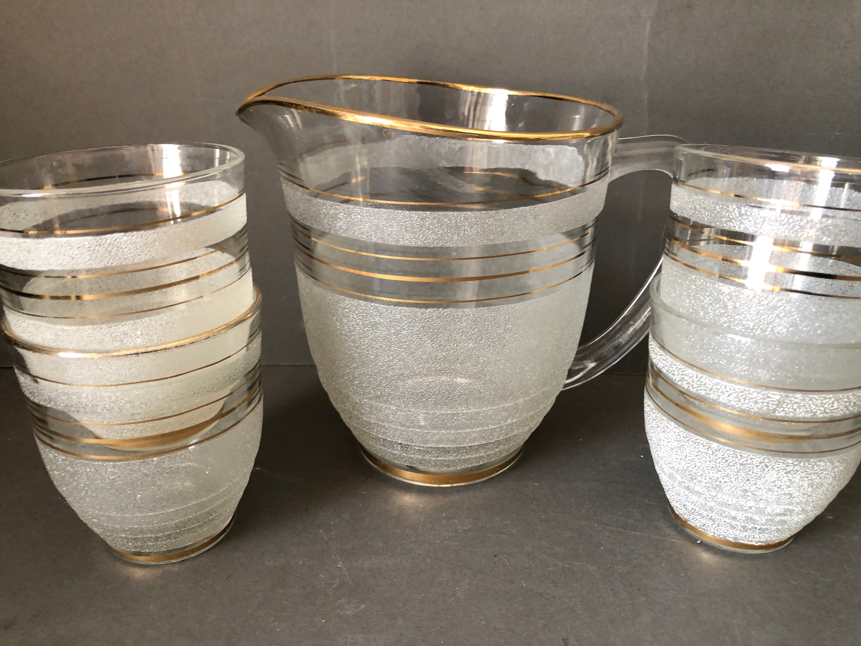 Vintage Frosted Glass Jug Snd Glasses Set 1950s White Frosted Etsy