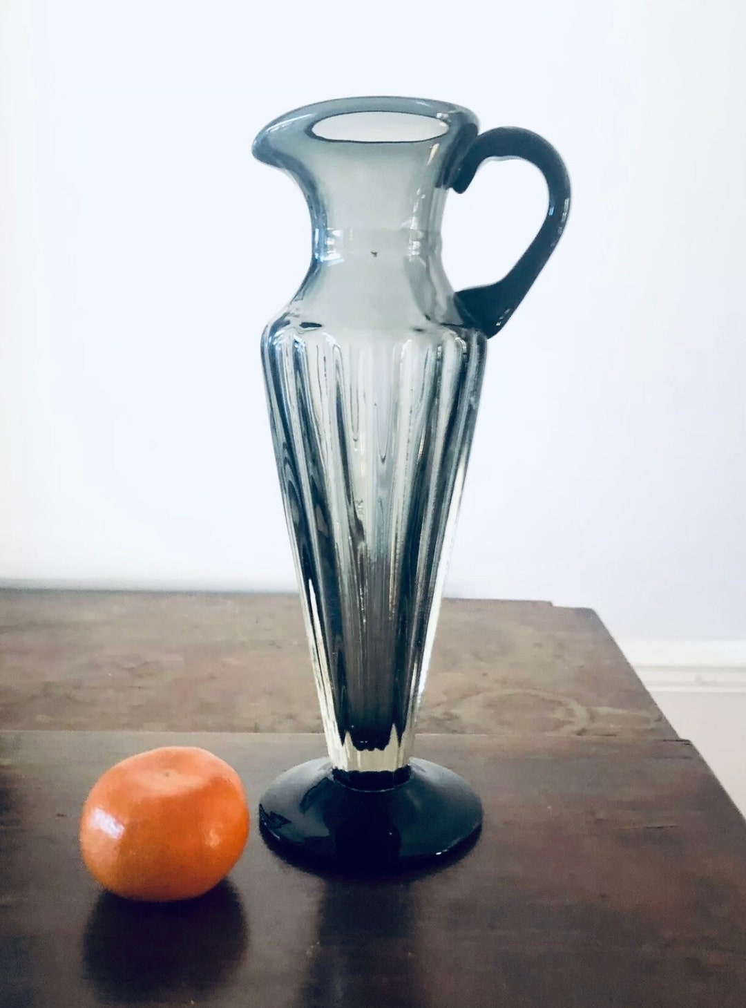 Vintage Grey Glass Jug Vase, Ribbed Footed Glass Pitcher. Classical ...