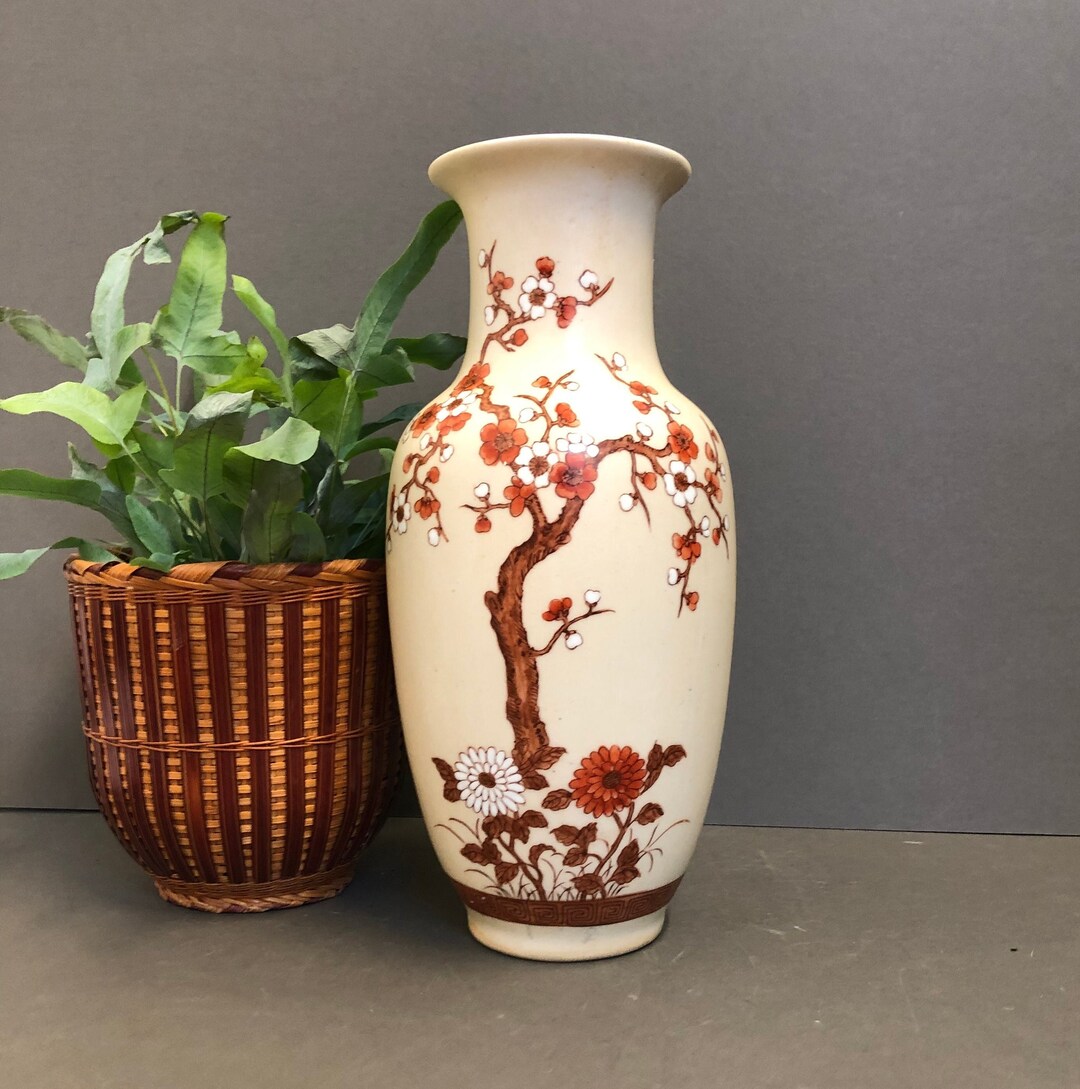 Chinese Mantle Vase Overjoy Blossom Brown Cream, Vintage Hand Decorated ...