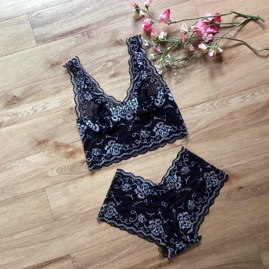 Balconette Bralette Set in Black and White Floral Lace by ...