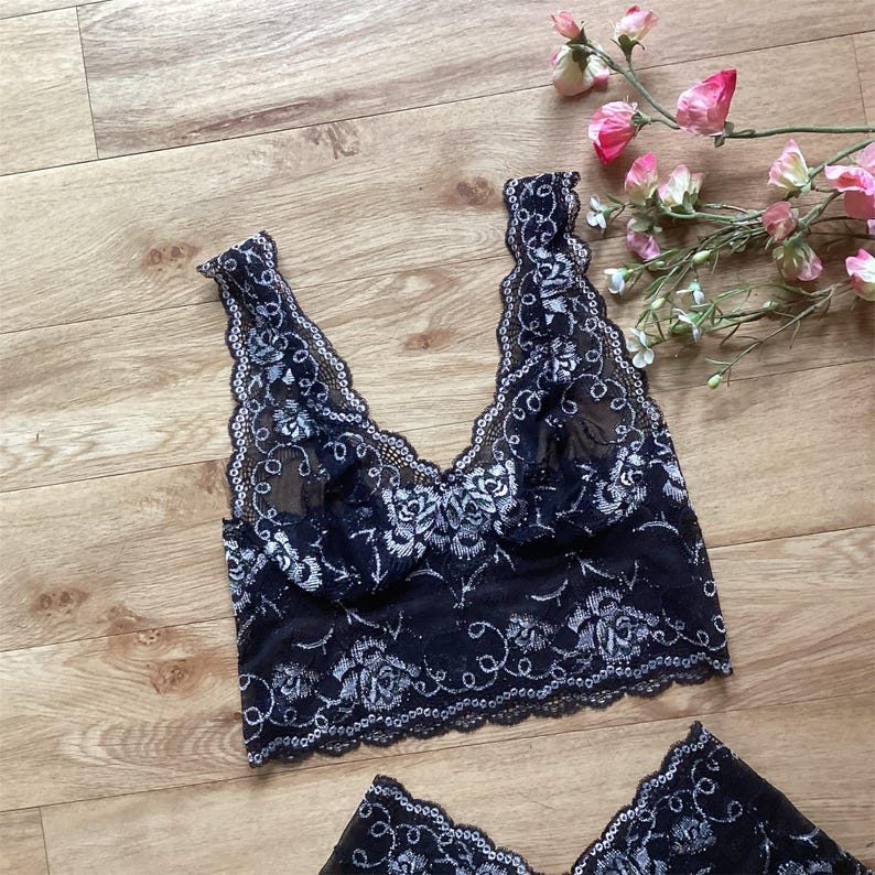 Balconette Bralette Set in Black and White Floral Lace by ...