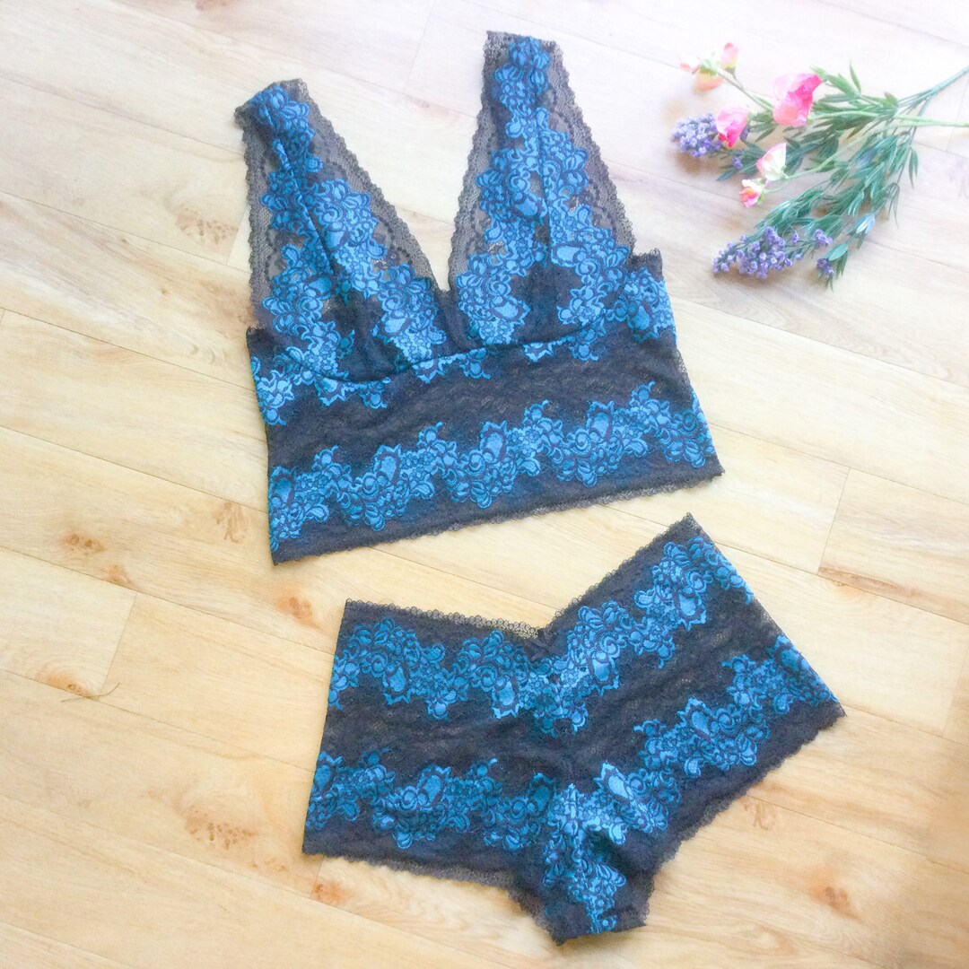 Cobalt and Black Lingerie Set, Longline Bralette and French Style ...