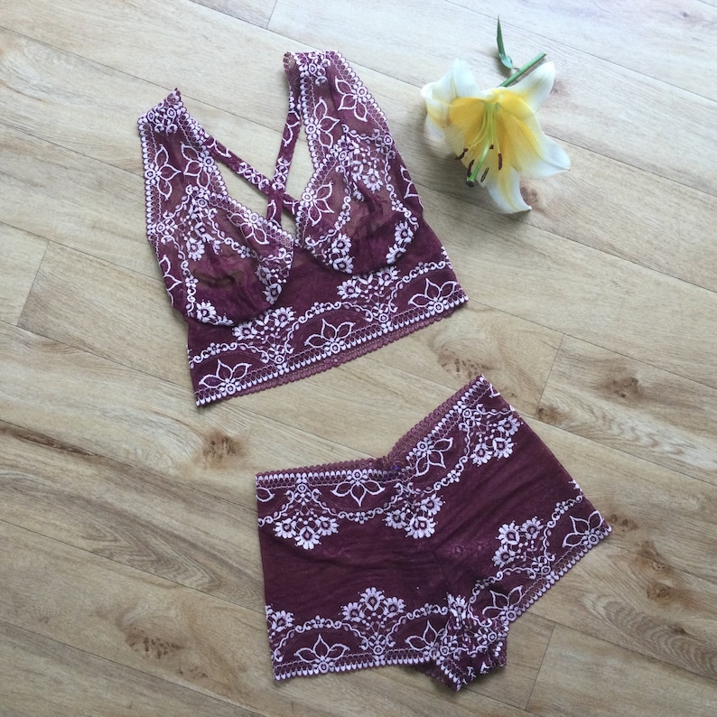 Two Tone Lace Lingerie Set, Sangria Red Bralette and Shorties - Etsy