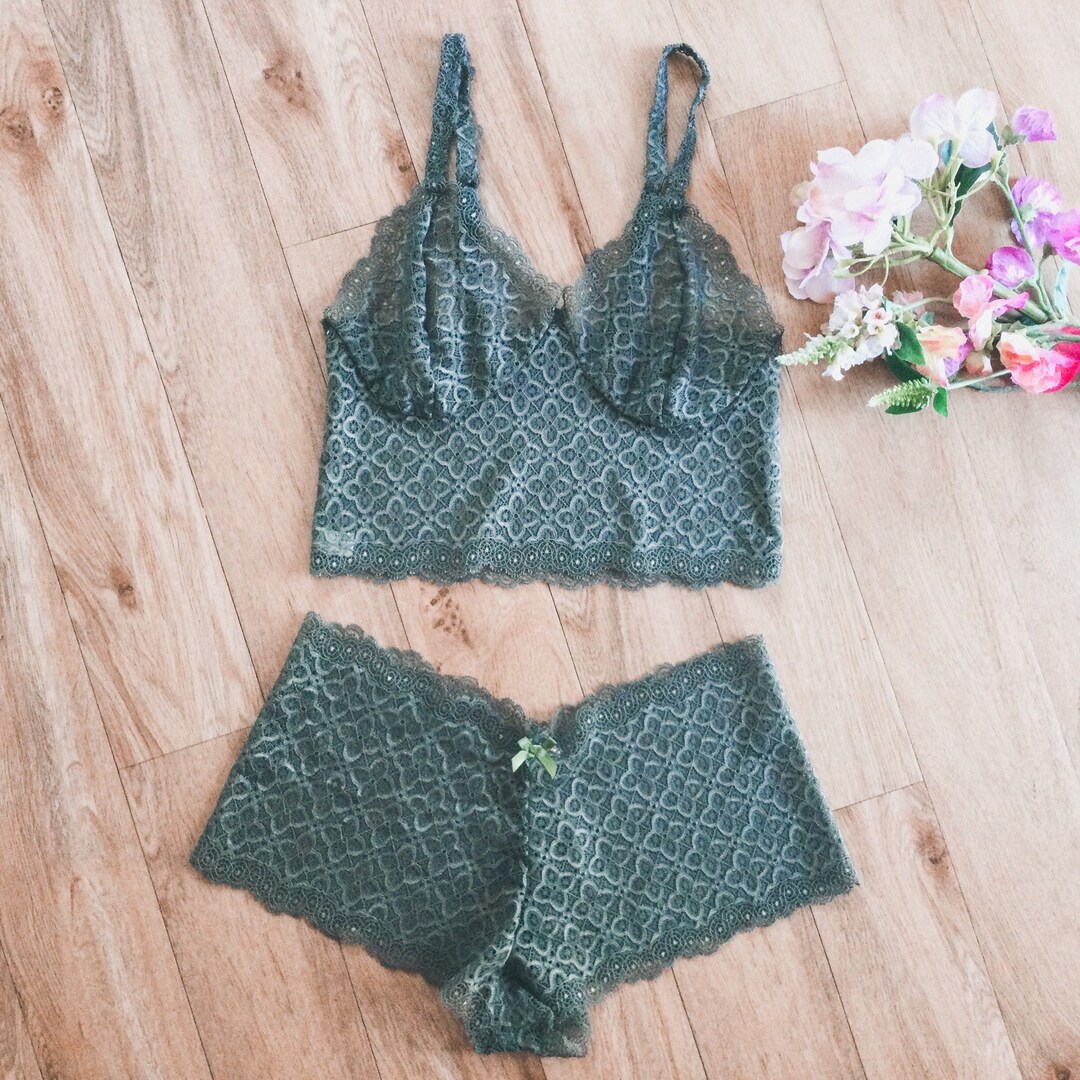 Bralette and French Knicker Set in Olive Green by Fidditchdesigns - Etsy