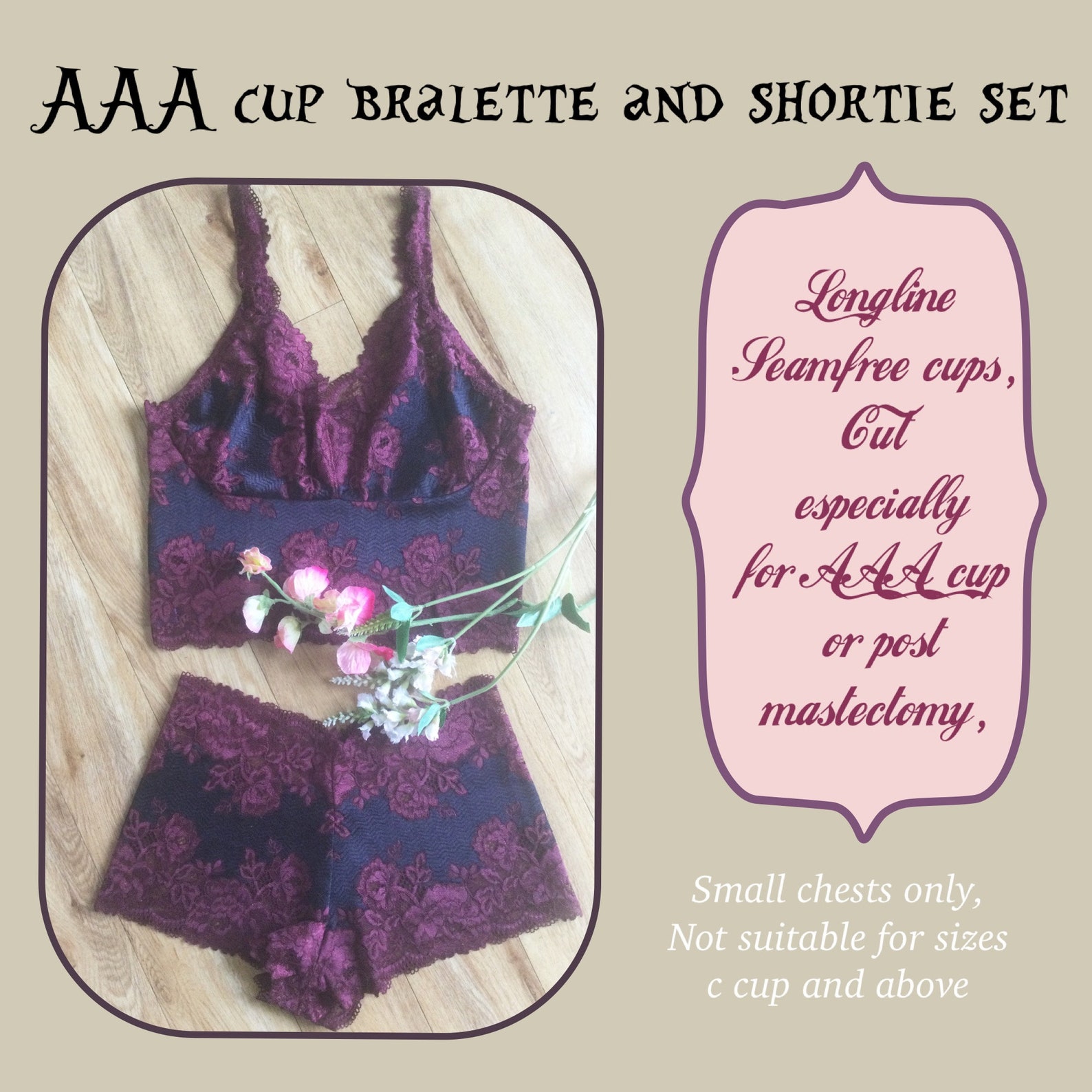 AAA Cup Bralette Vest Soft Bra and Briefs Burgundy and Black | Etsy UK