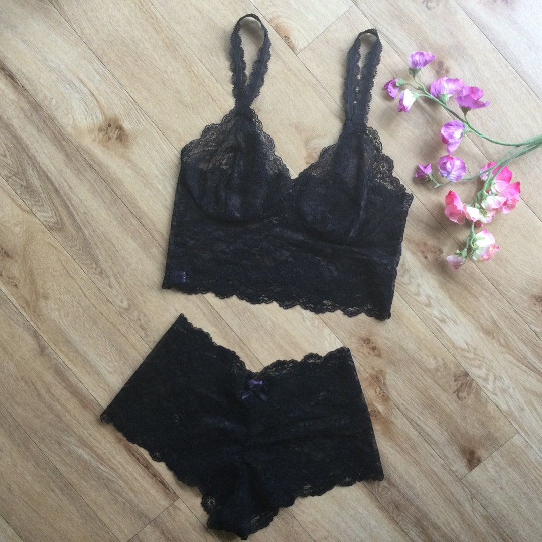 Black Lingerie Set, Gothic Underwear, Lace Pretty Strapped Bralette and ...