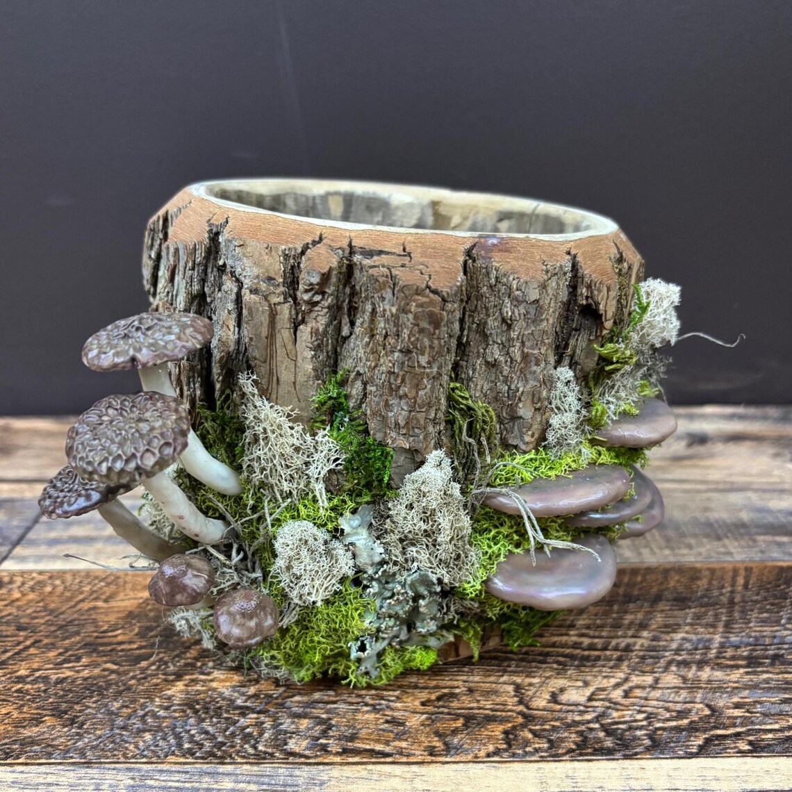 Glowing Mushroom Log Sculpture – Handmade Light-up Clay Fungi on Bark ...