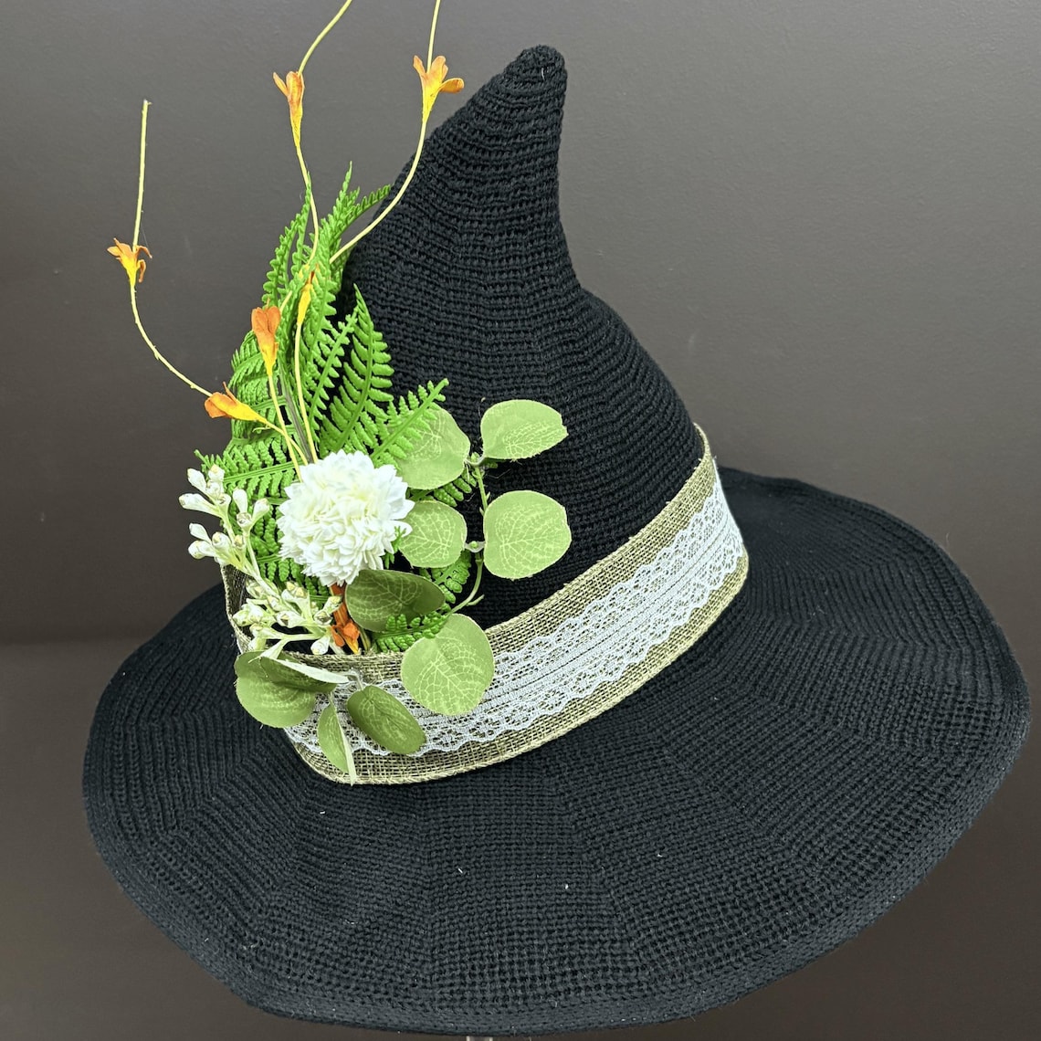 Floral Witch Hat – Handmade Black Hat With Lace Trim & Woodland ...