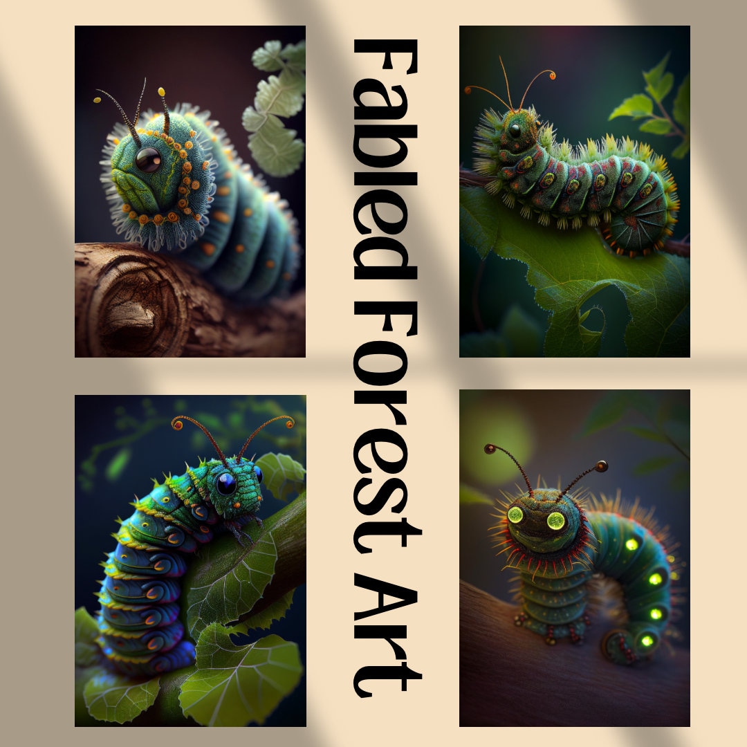 Set of 4 Hyper Realistic Fantasy Caterpillar Digital Art Prints ...