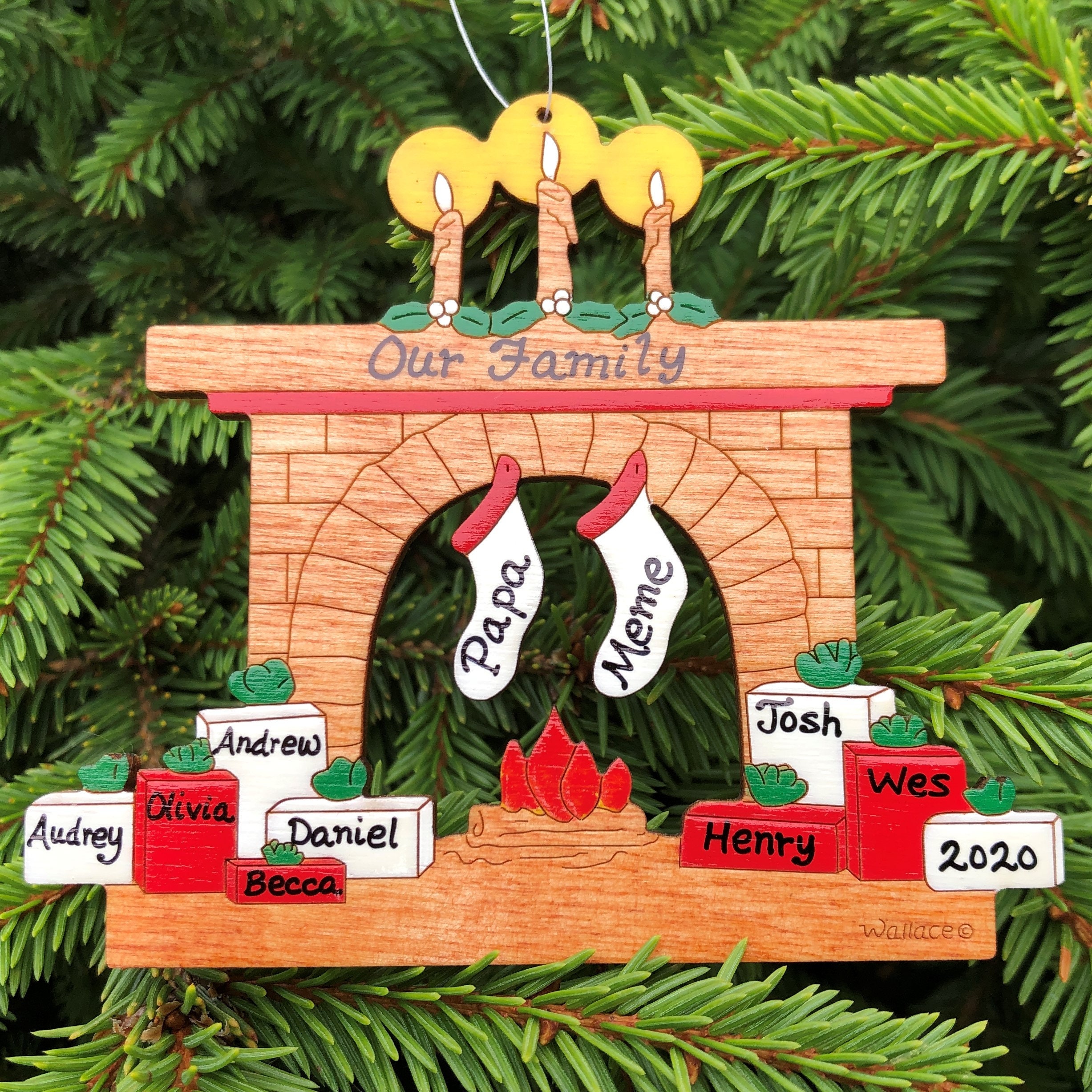 Personalized Family Fireplace Christmas Ornament- Wood, Hand Painted ...
