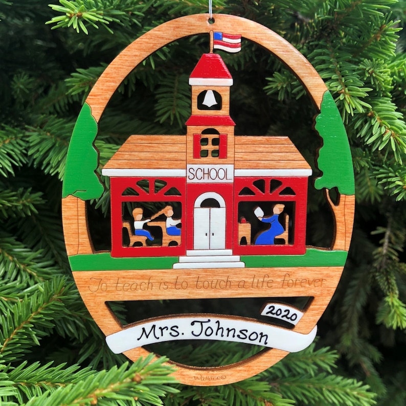 Personalized School House Teacher Christmas Ornament Wood | Etsy