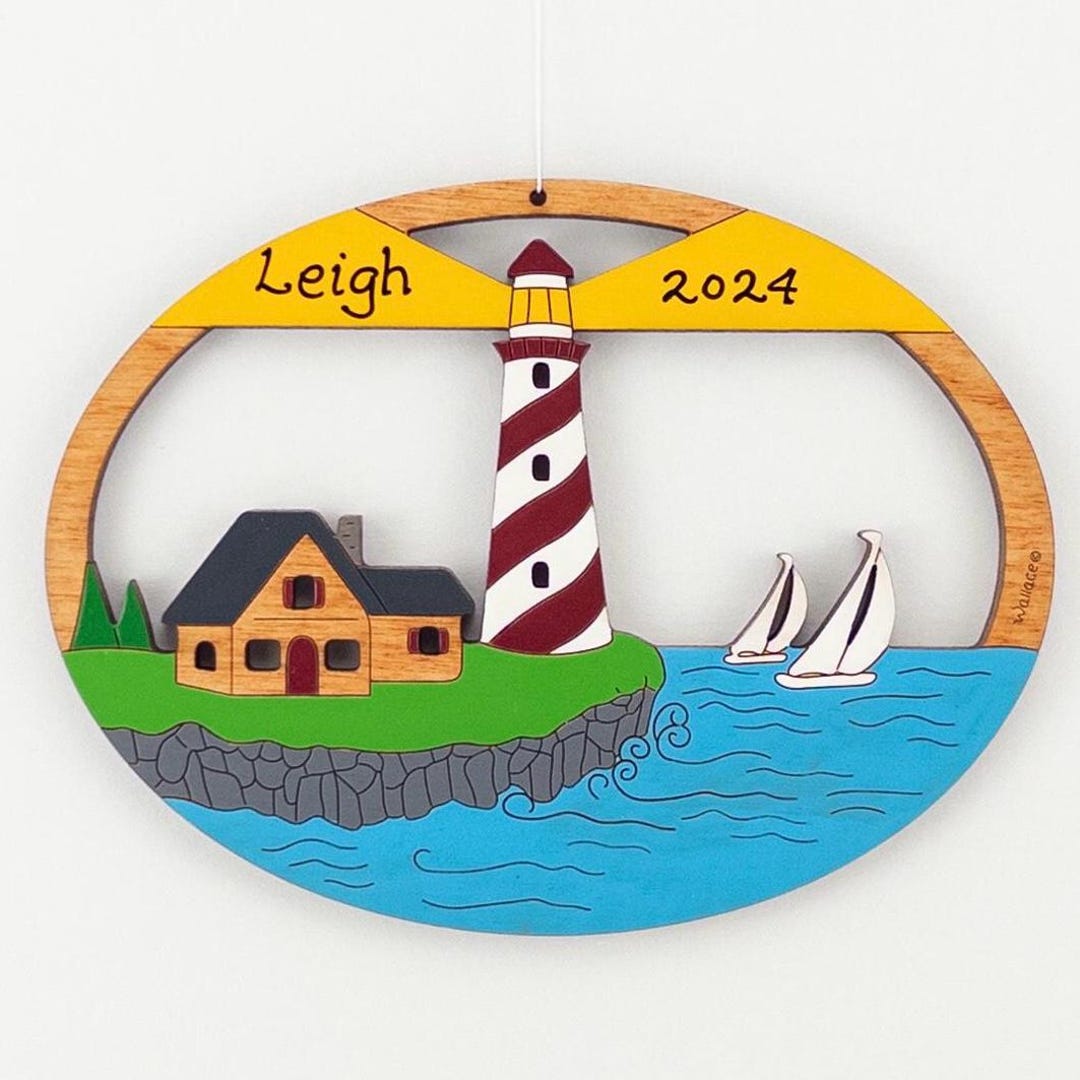 Lighthouse Summer Sailboat Scene Ornament-wood, Laser Cut, Hand Painted ...