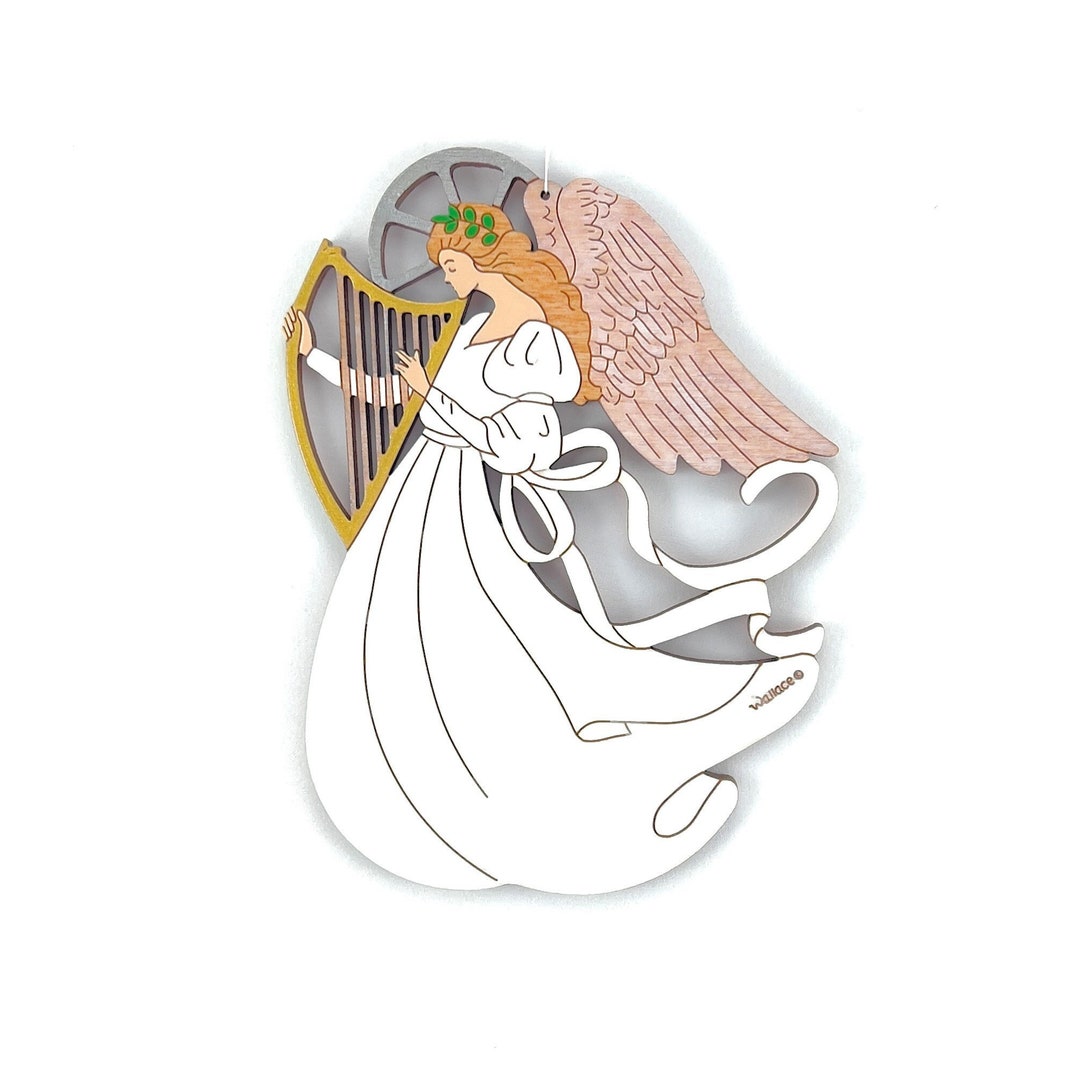 Angel With Harp Ornament-wood, Laser Cut, Hand Painted - Etsy