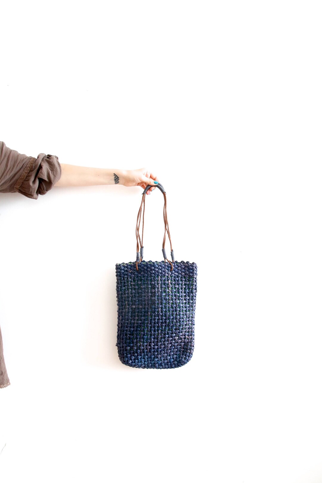 Vintage Woven Drawstring Bag Blue Braided Basket Shoulder Bag Festival ...