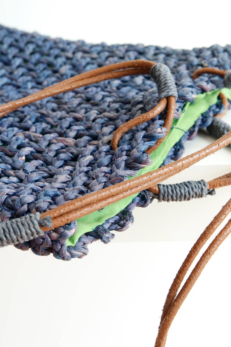 Vintage Woven Drawstring Bag Blue Braided Basket Shoulder Bag Festival ...