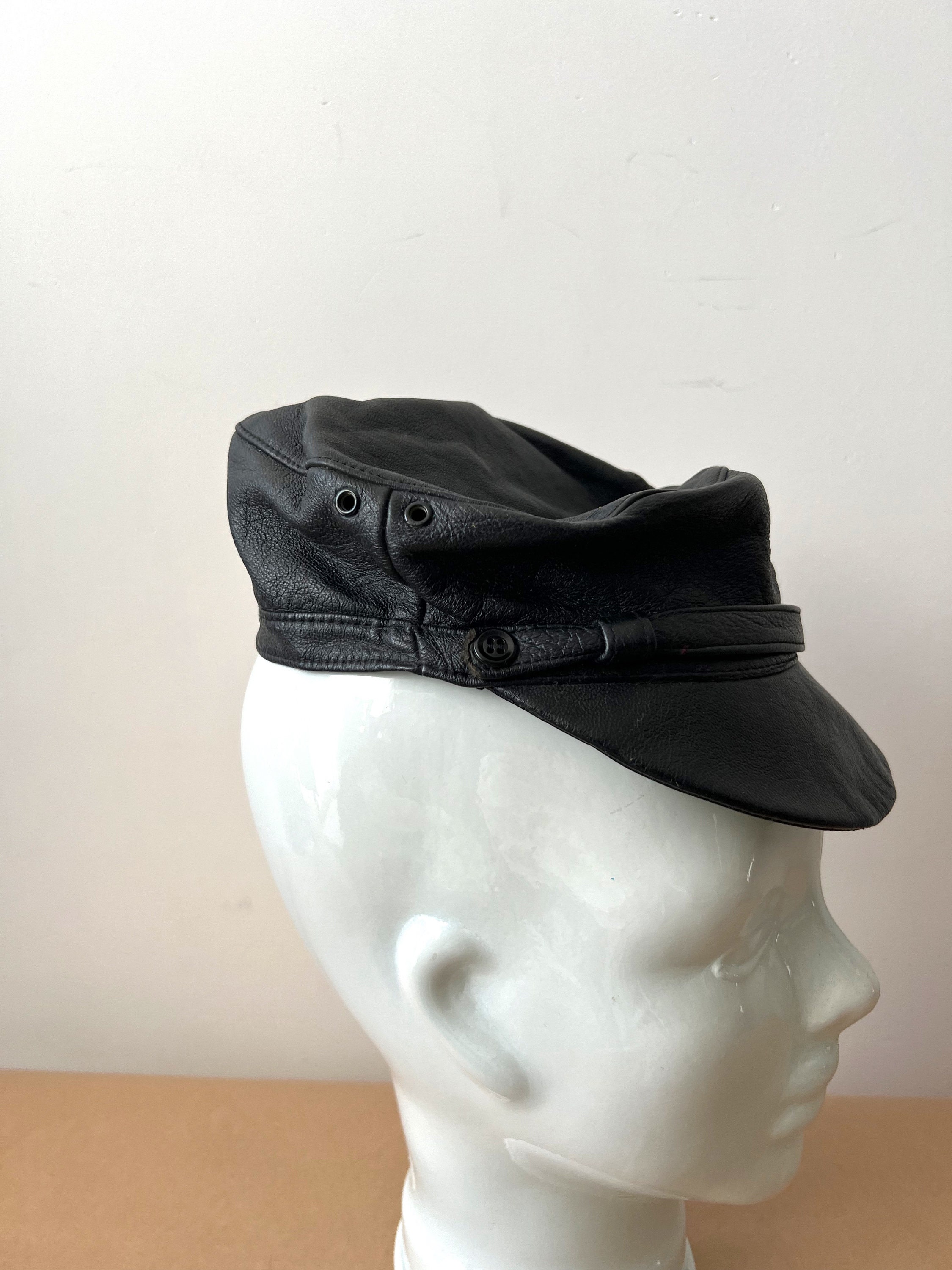 Vintage Boys Leather Newsboy Hat Black Soft Leather Military Style Hat ...