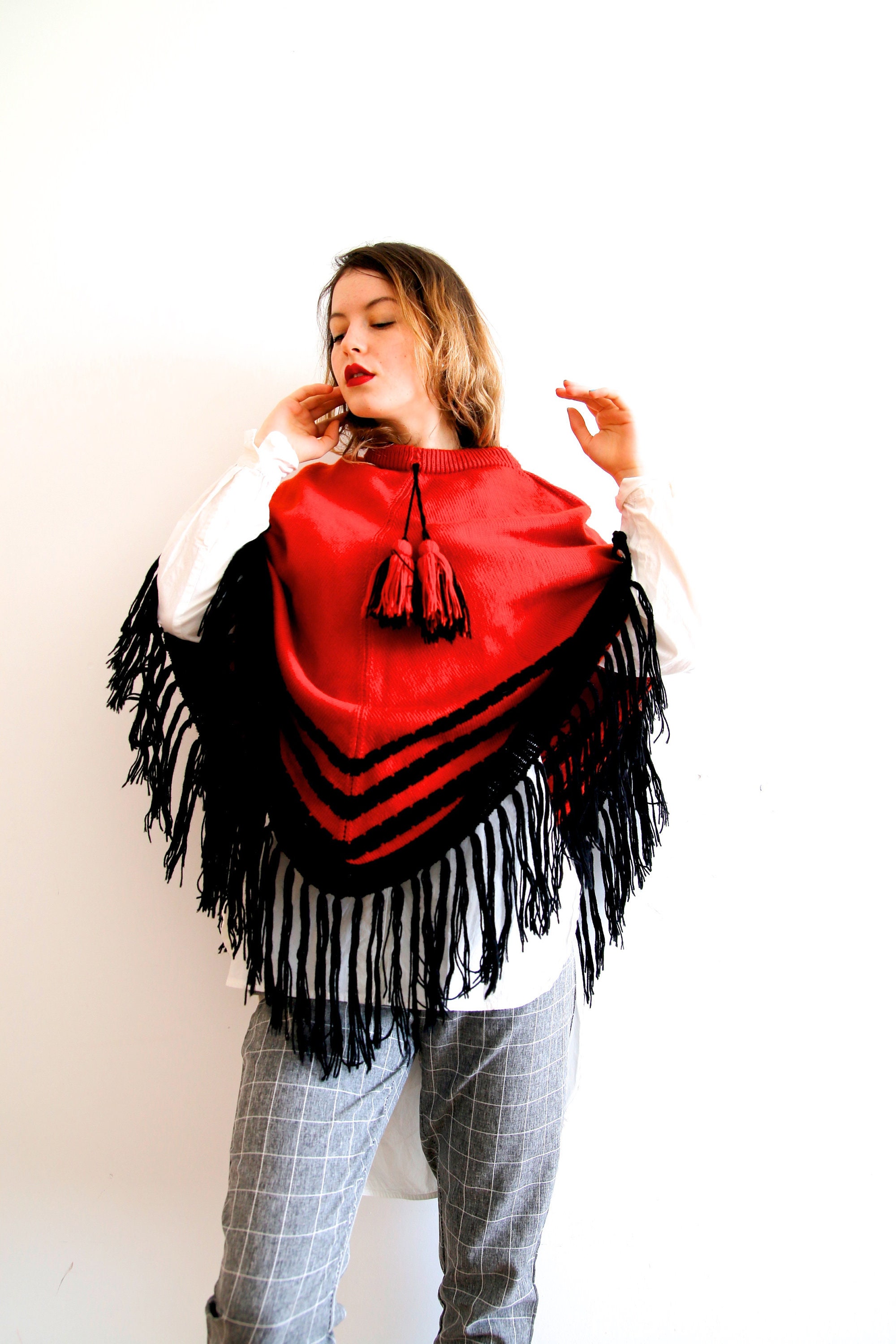 Vintage Red Poncho Black Orange Warm Cape Poncho Fringe Wrap Shawl ...