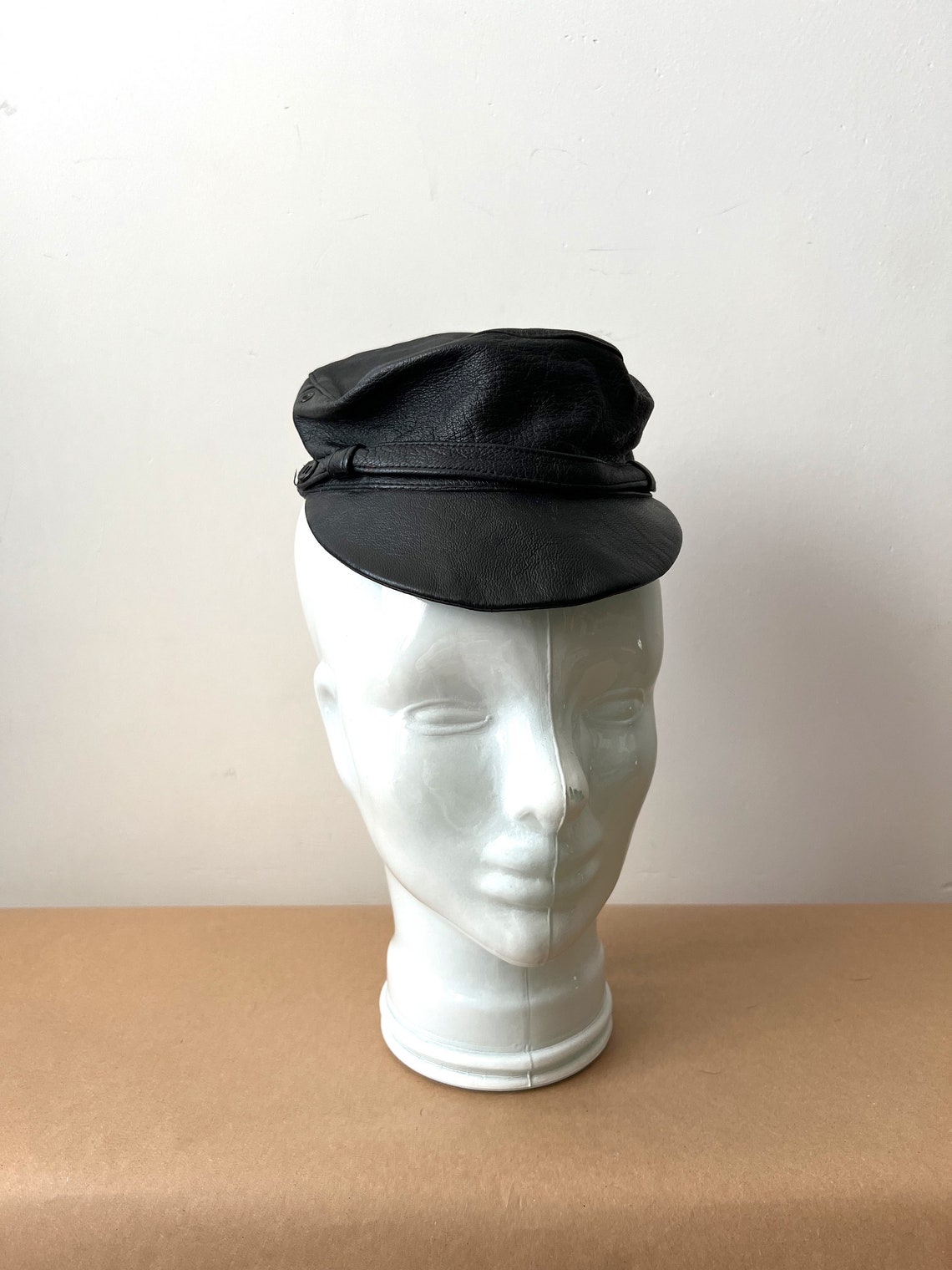 Vintage Boys Leather Newsboy Hat Black Soft Leather Military Style Hat ...
