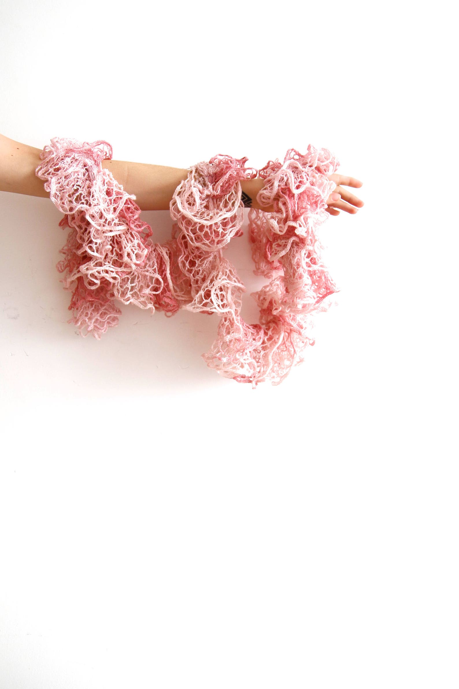Vintage Pink Ruffle Scarf Crocheted Spiral Scarf Knitted Frill Scarf ...