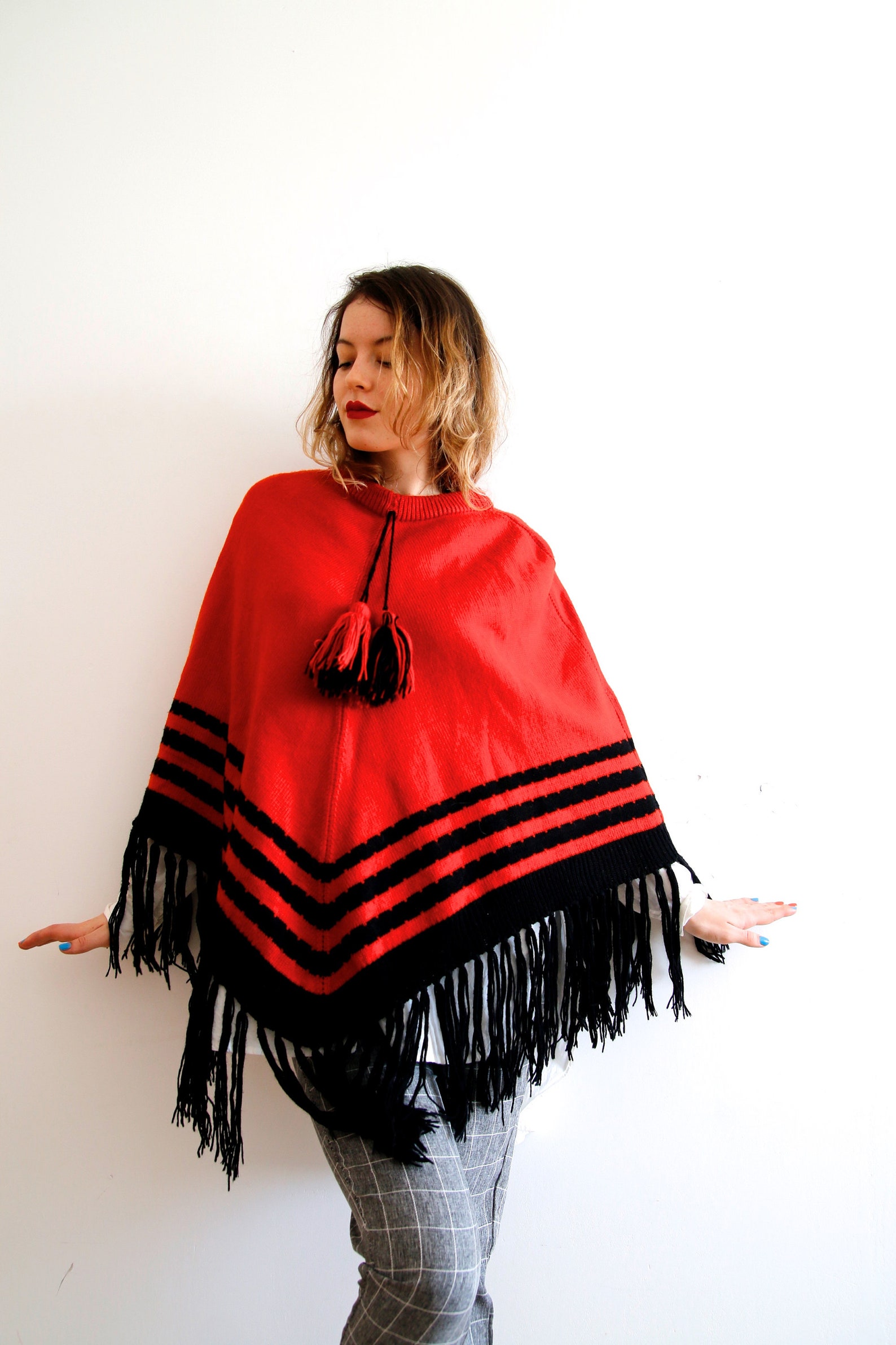 Vintage Red Poncho Black Orange Warm Cape Poncho Fringe Wrap Shawl ...