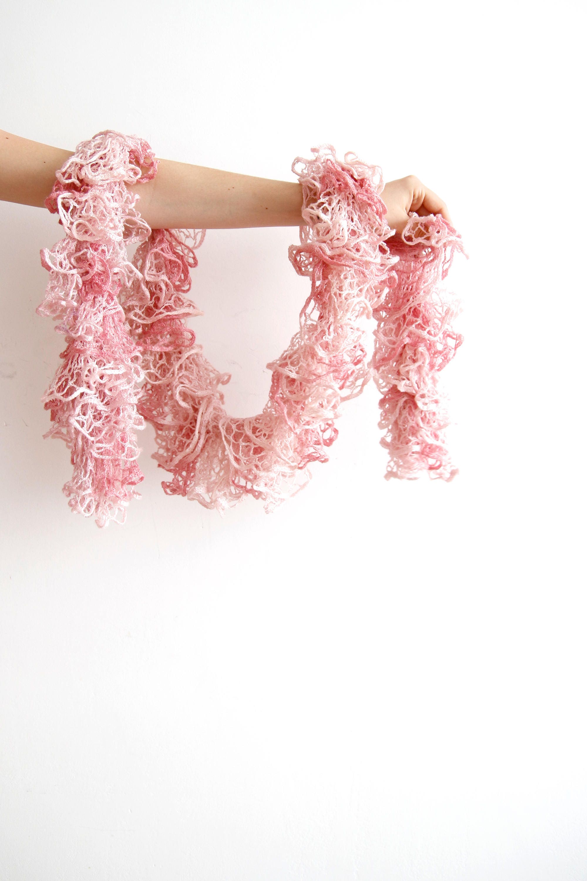 Vintage Pink Ruffle Scarf Crocheted Spiral Scarf Knitted Frill Scarf ...