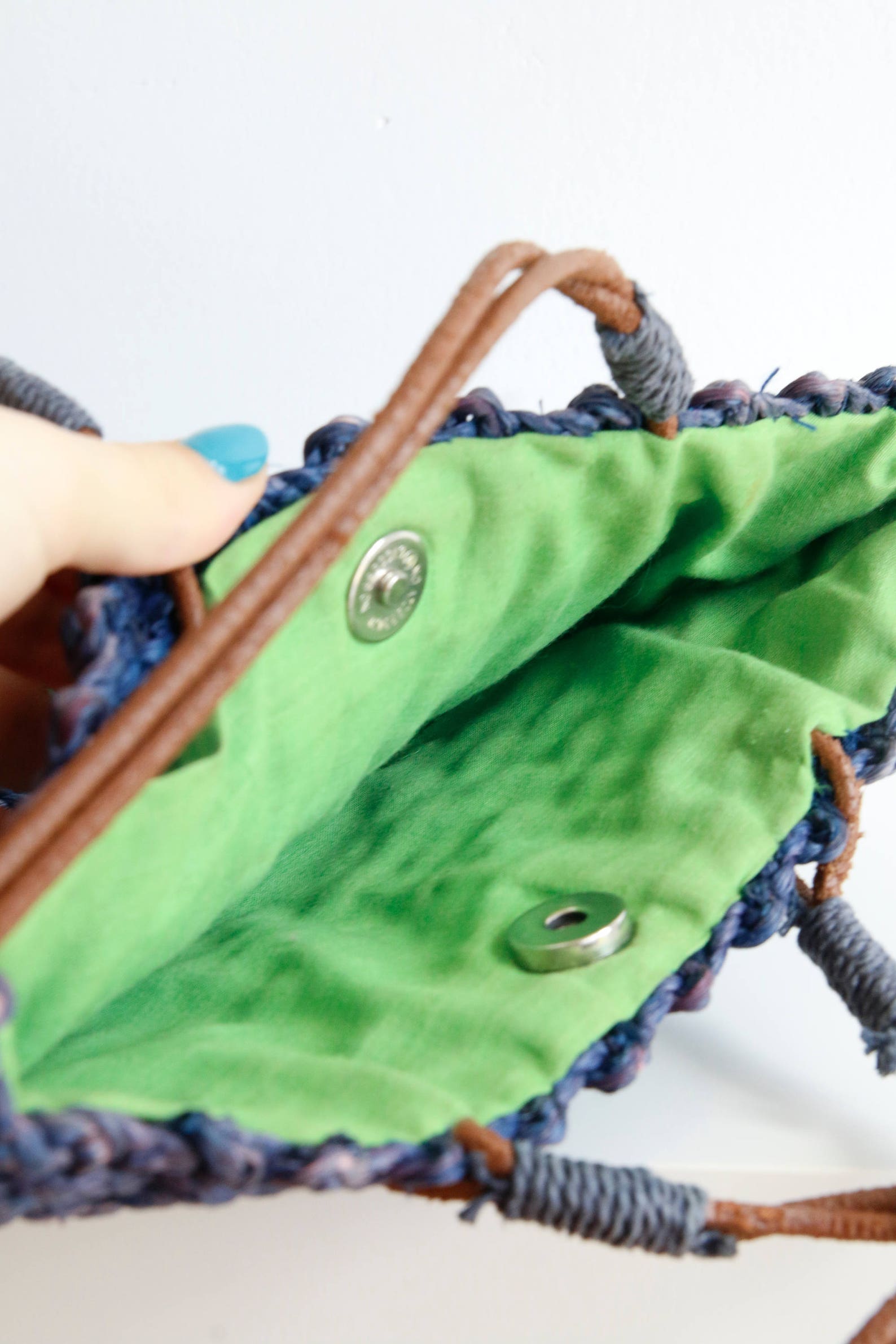 Vintage Woven Drawstring Bag Blue Braided Basket Shoulder Bag Festival ...