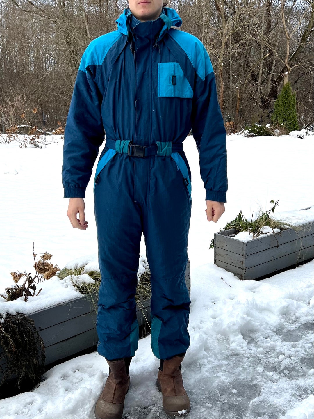 Vintage Mens Ski Suit Blue One Piece Jumpsuit Retro Snowsuit Hipster ...