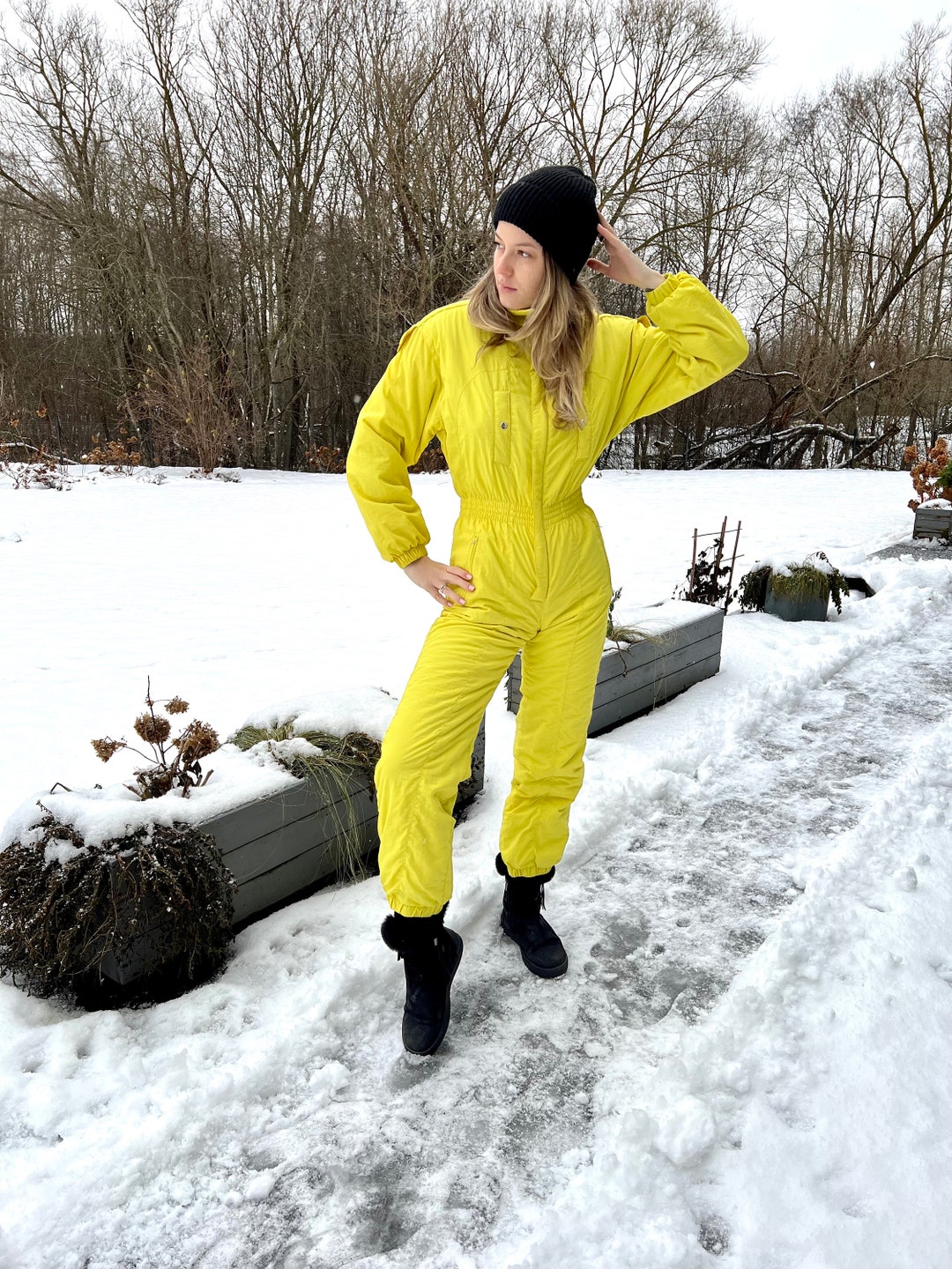 Vintage One Piece Yellow Skiing Suit Women's Retro Ski Suit Winter Sport Jumpsuit 90s Snowsuit ...