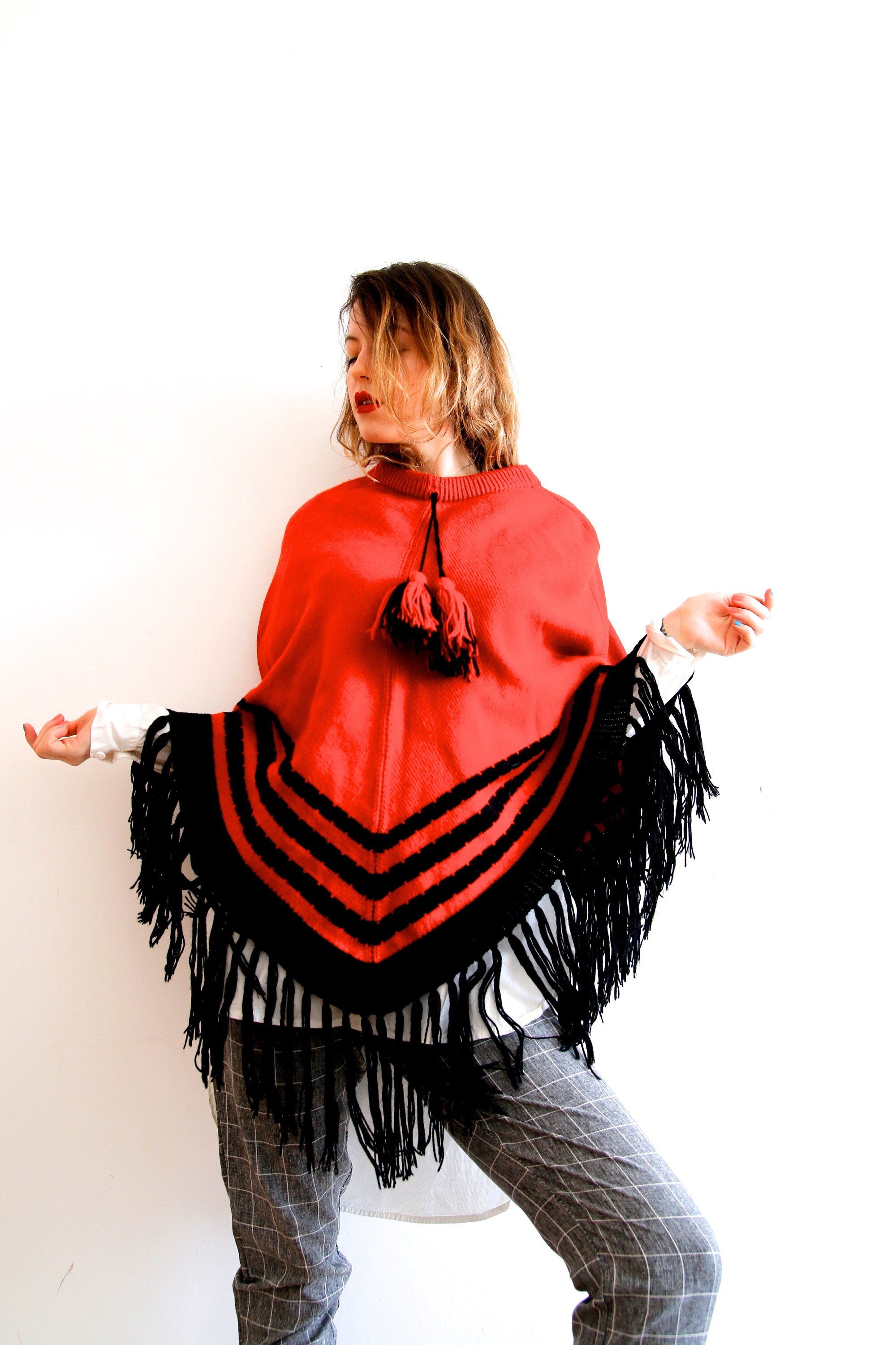 Vintage Red Poncho Black Orange Warm Cape Poncho Fringe Wrap Shawl ...