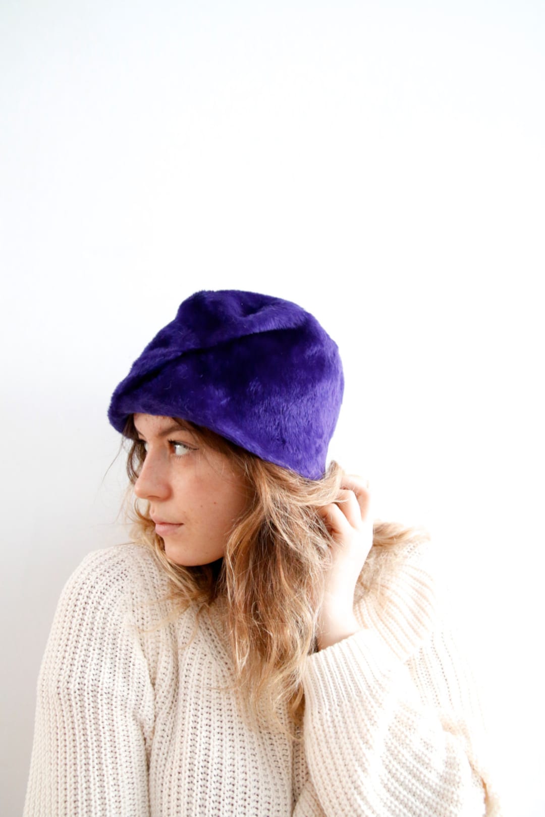 Vintage Purple Hat Faux Fur Hat Violet Hat Pillbox Hat Warm Hat Winter ...