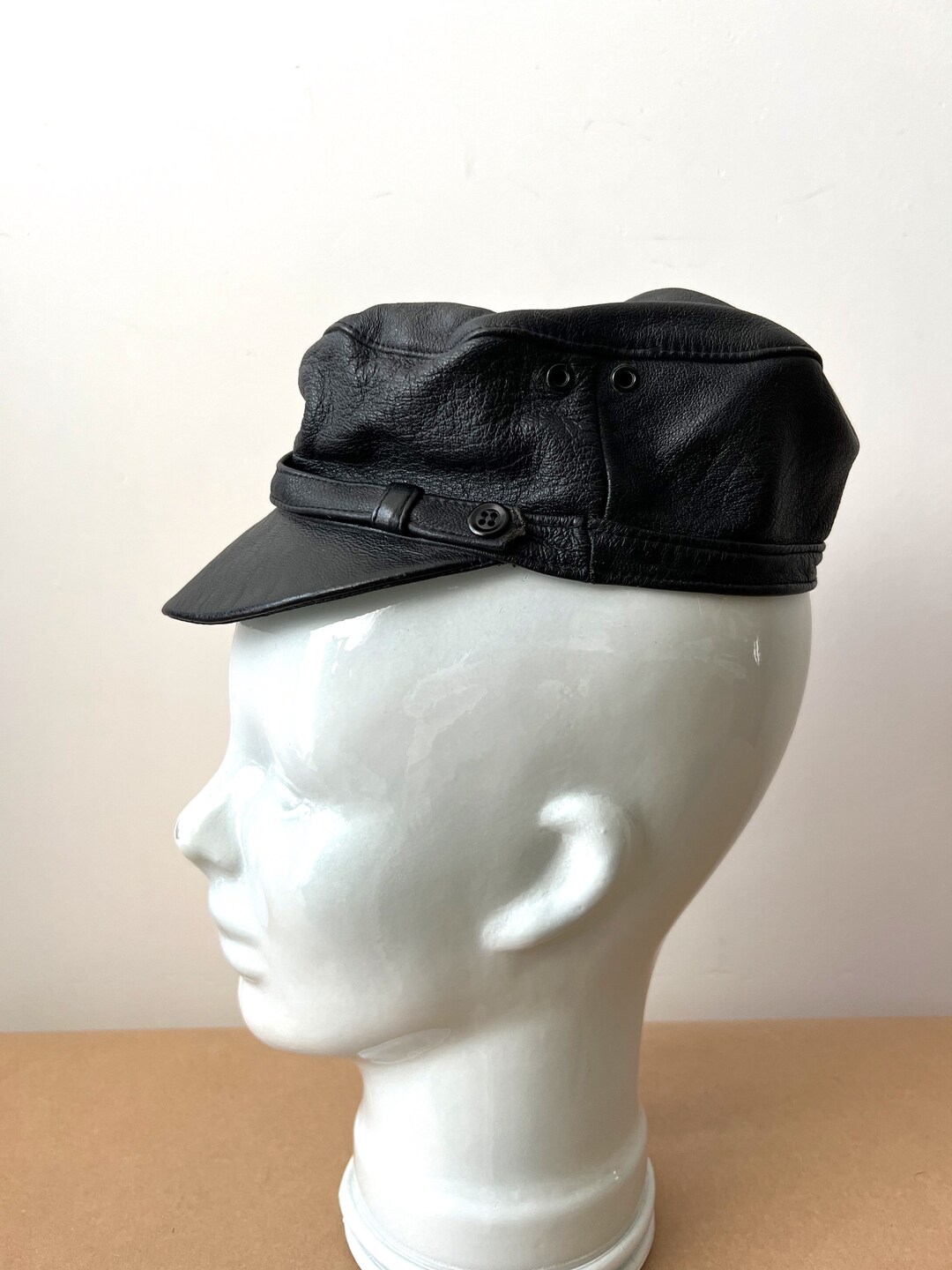 Vintage Boys Leather Newsboy Hat Black Soft Leather Military Style Hat ...