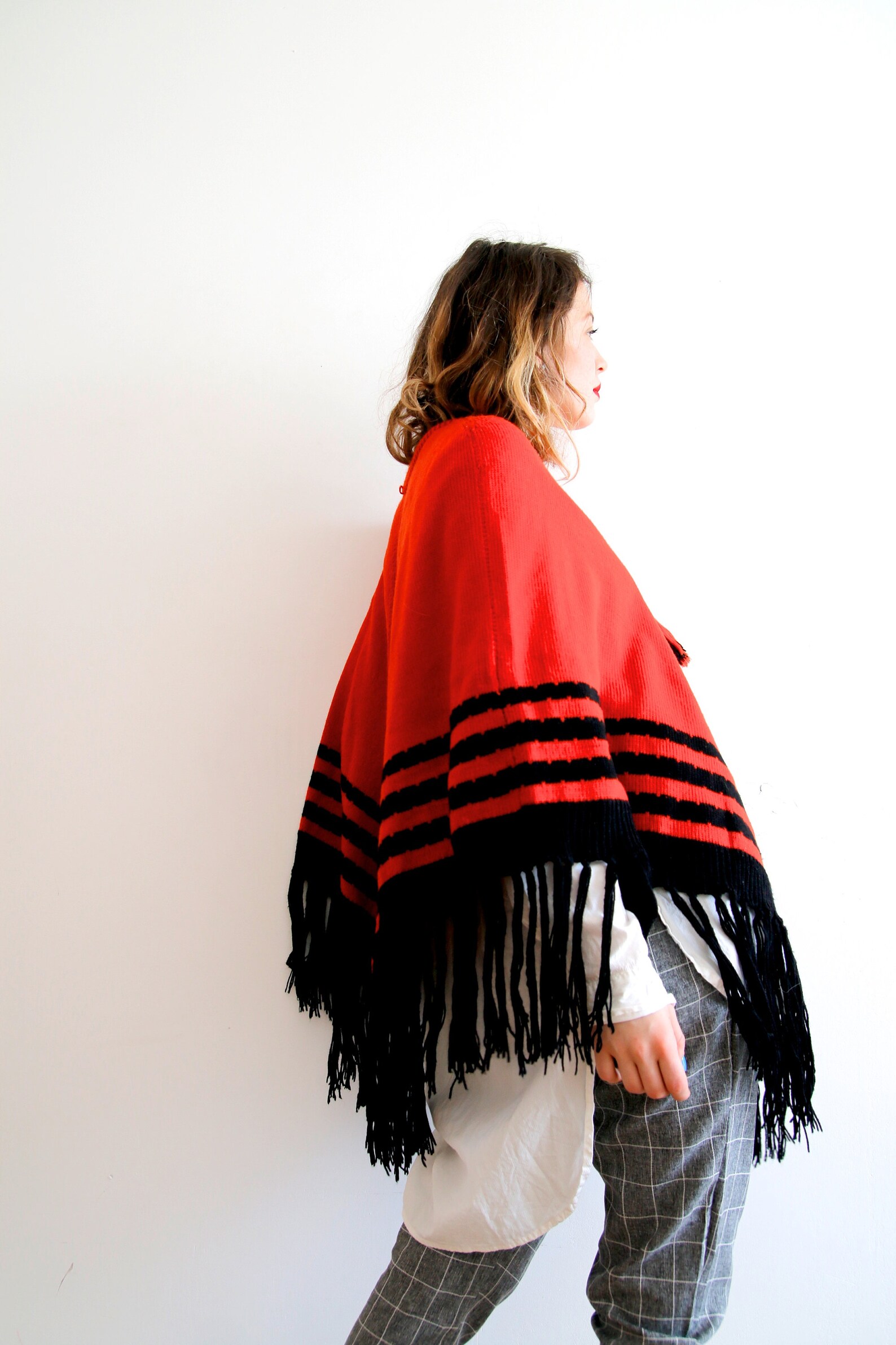 Vintage Red Poncho Black Orange Warm Cape Poncho Fringe Wrap Shawl ...