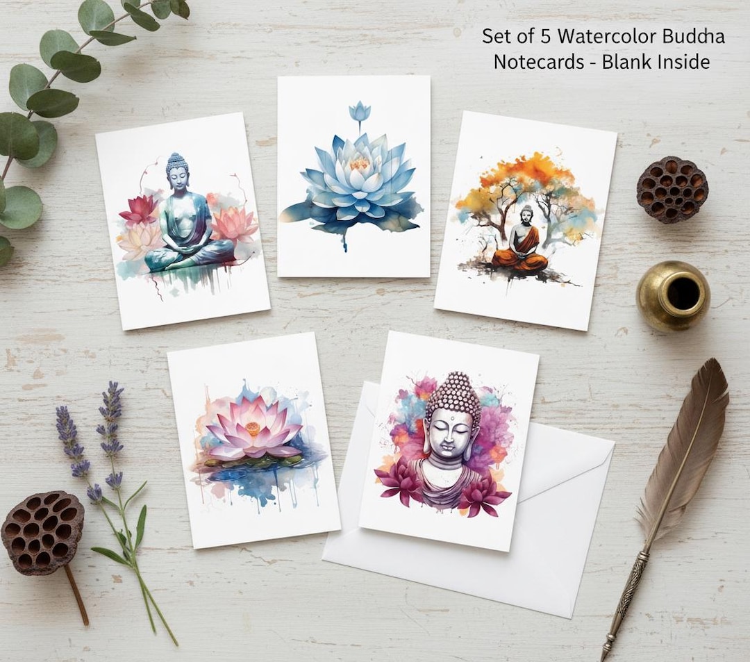 Zen Watercolor Buddha Greeting Card Set, Blank Stationery Note Cards (5 ...