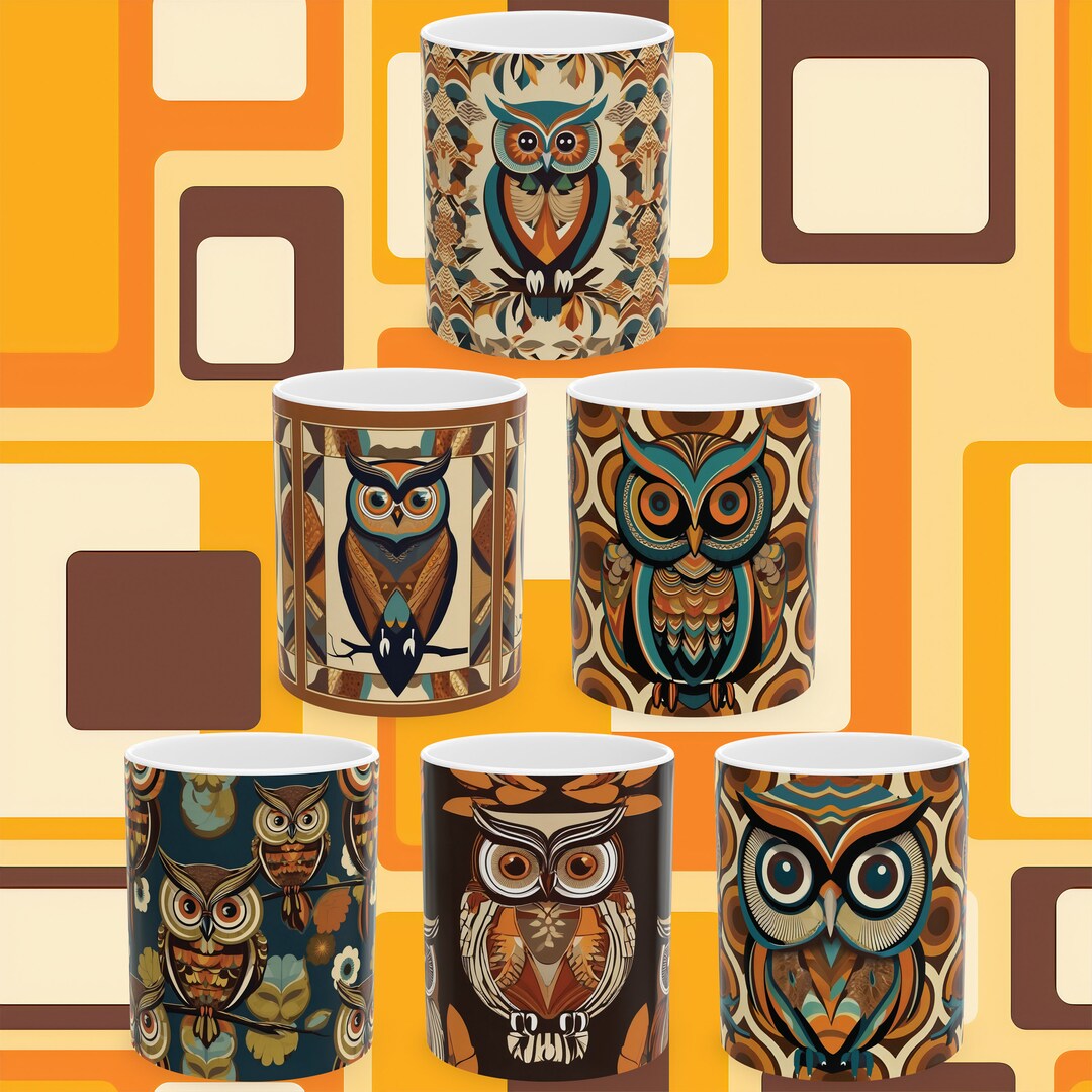 Retro Ceramic Owl Mugs Set of 6 Vibrant 70s Inspired 11oz Cups - Etsy