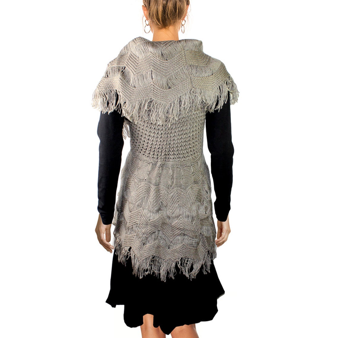 Boho Romantik Fransen Weste Strickjacke Kreisweste Cape Bolero NEU Gr ...