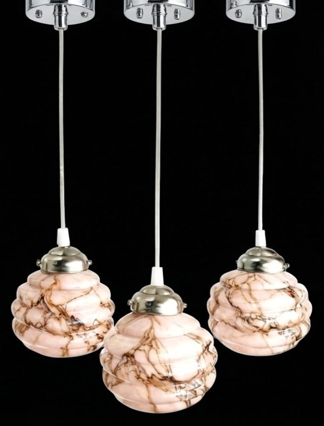 Vintage Art Deco Marble Swirl Glass Pendant Lights– Ribbed Beehive ...