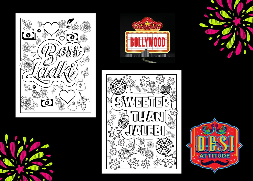 South Asian Bollywood Coloring Art, 6 Coloring Pages, Digital Desi ...