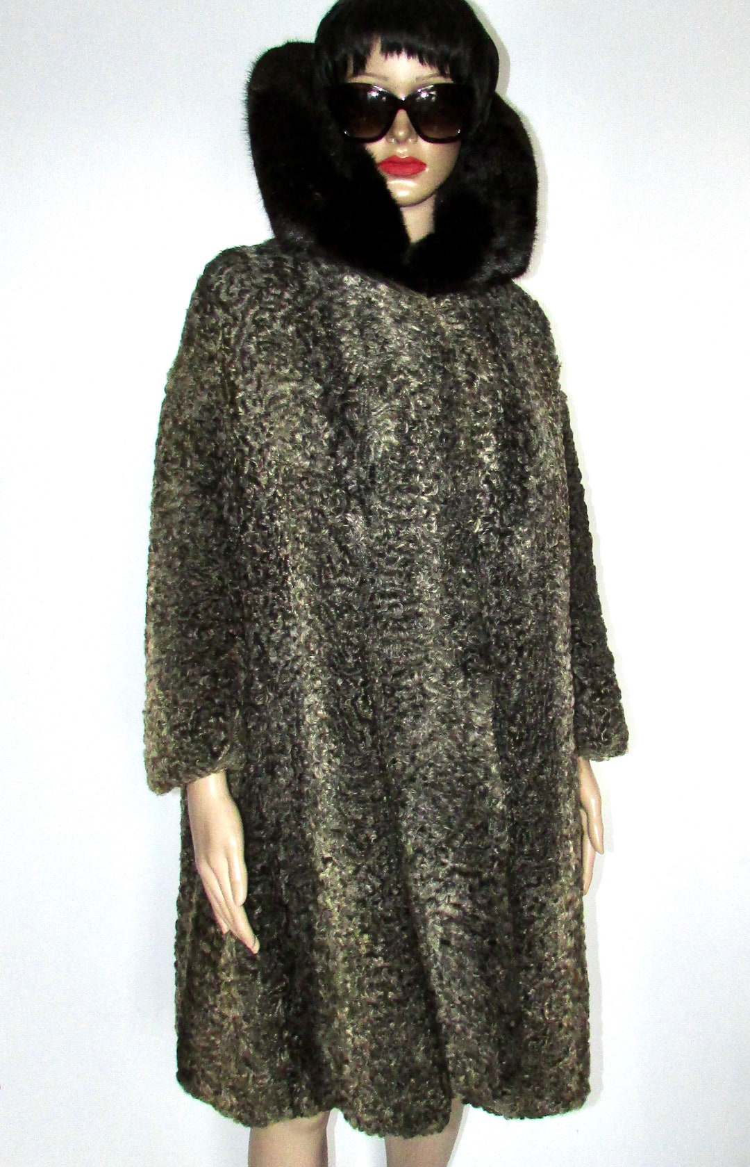 Nice Retro Swing Gray Persian Lamb Fur Coat/black Mink Collar/ Gray ...