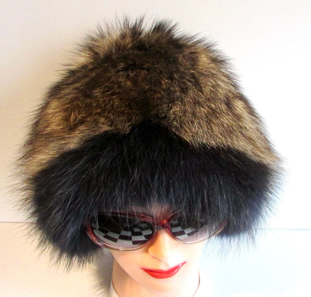 Vtg Superb Real Raccoon Fur Hat /blue Fox Fur Trim/natural Wild Cat Fur ...